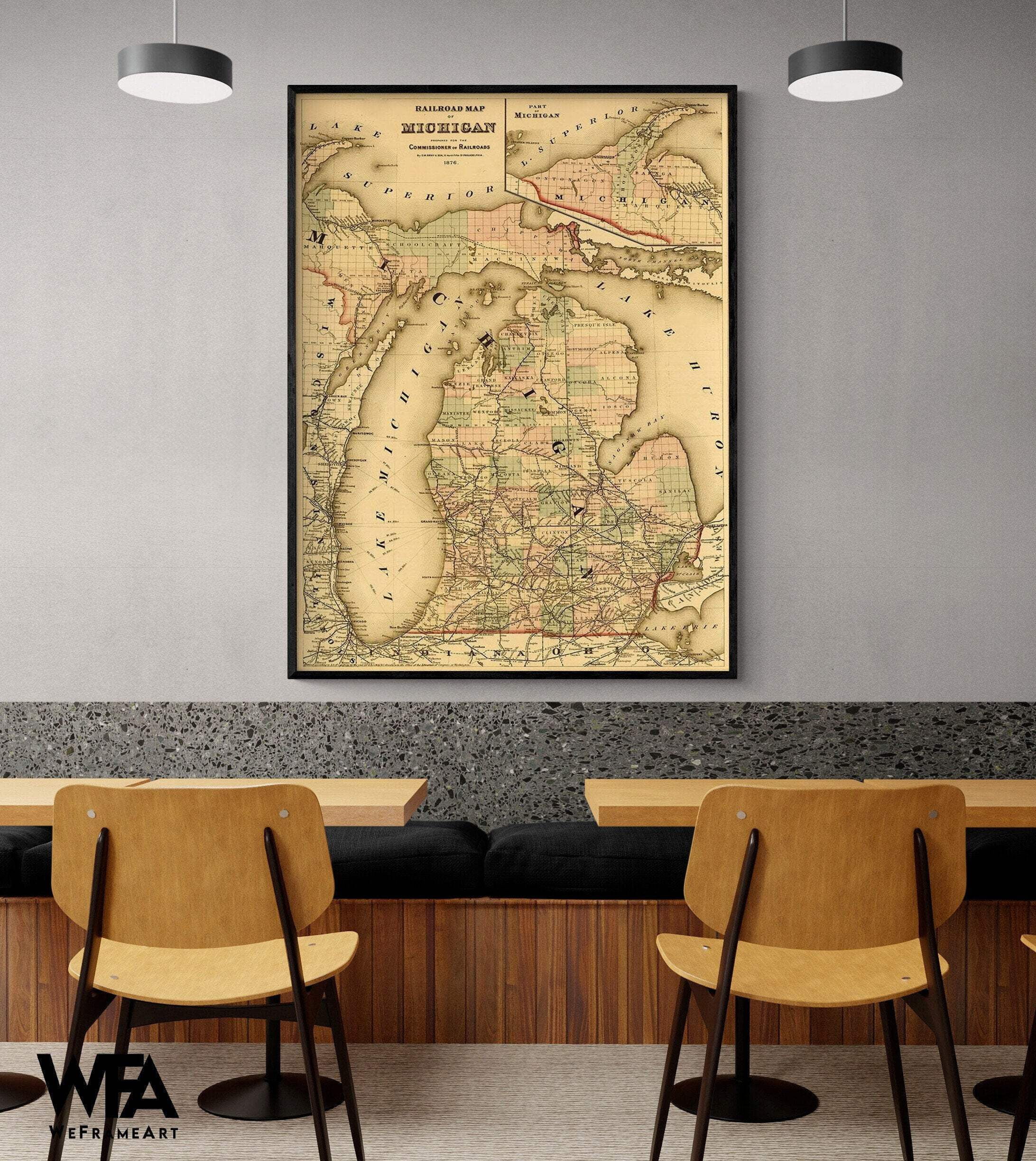 Michigan 1876, Large Michigan Map, Michigan Map Art, Vintage Michigan ...