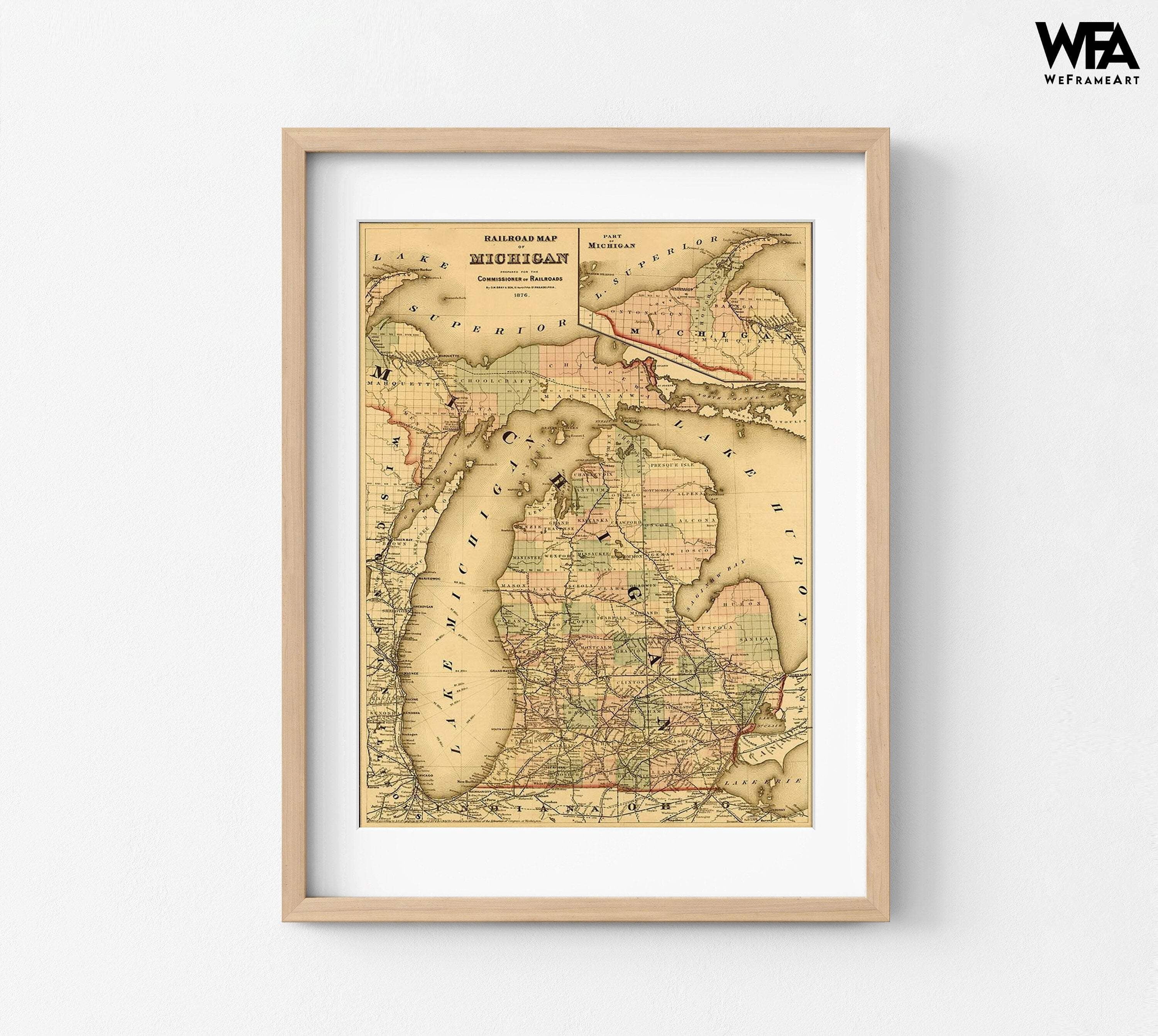 Michigan 1876, Large Michigan Map, Michigan Map Art, Vintage Michigan ...