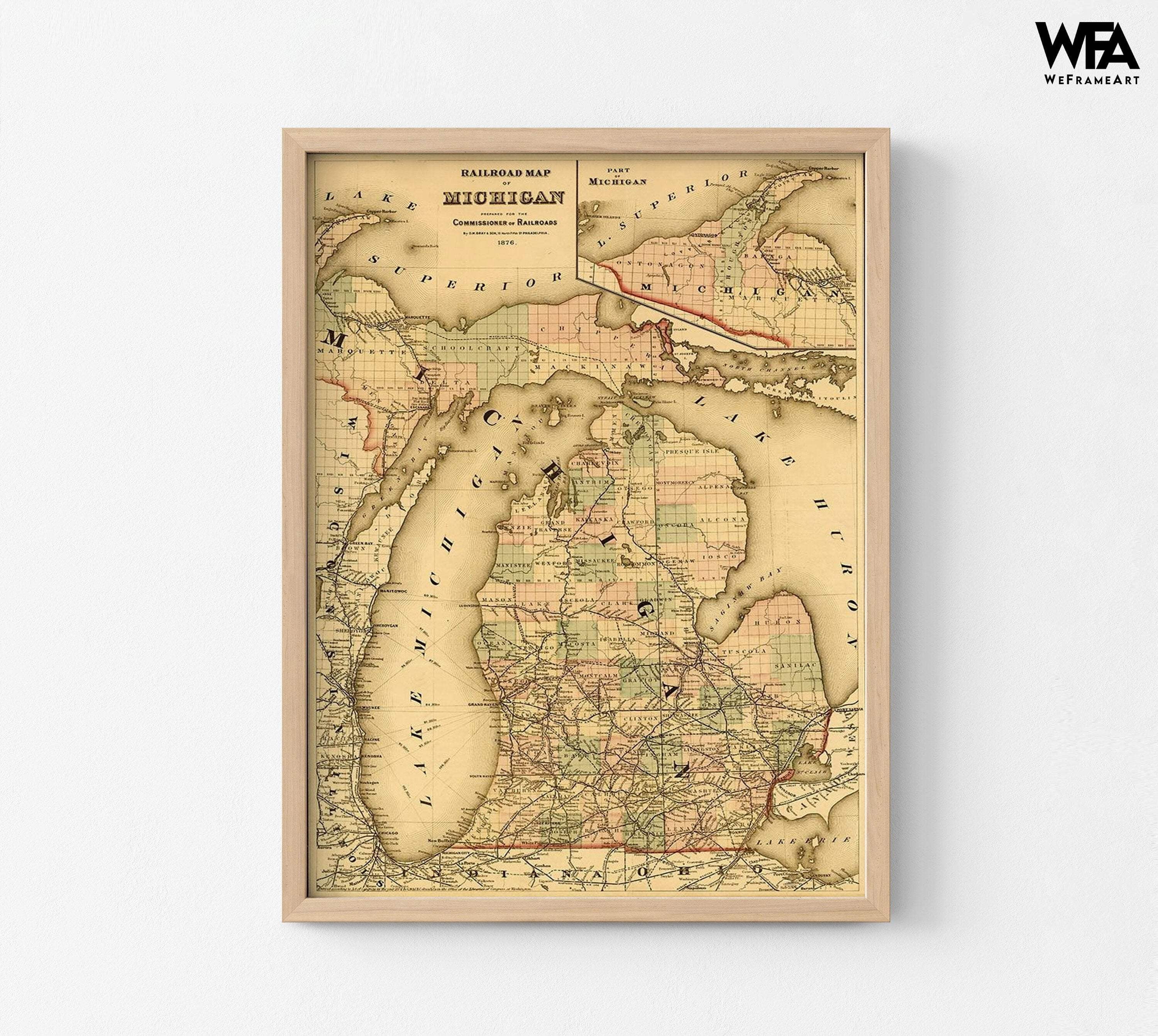 Michigan 1876, Large Michigan Map, Michigan Map Art, Vintage Michigan ...