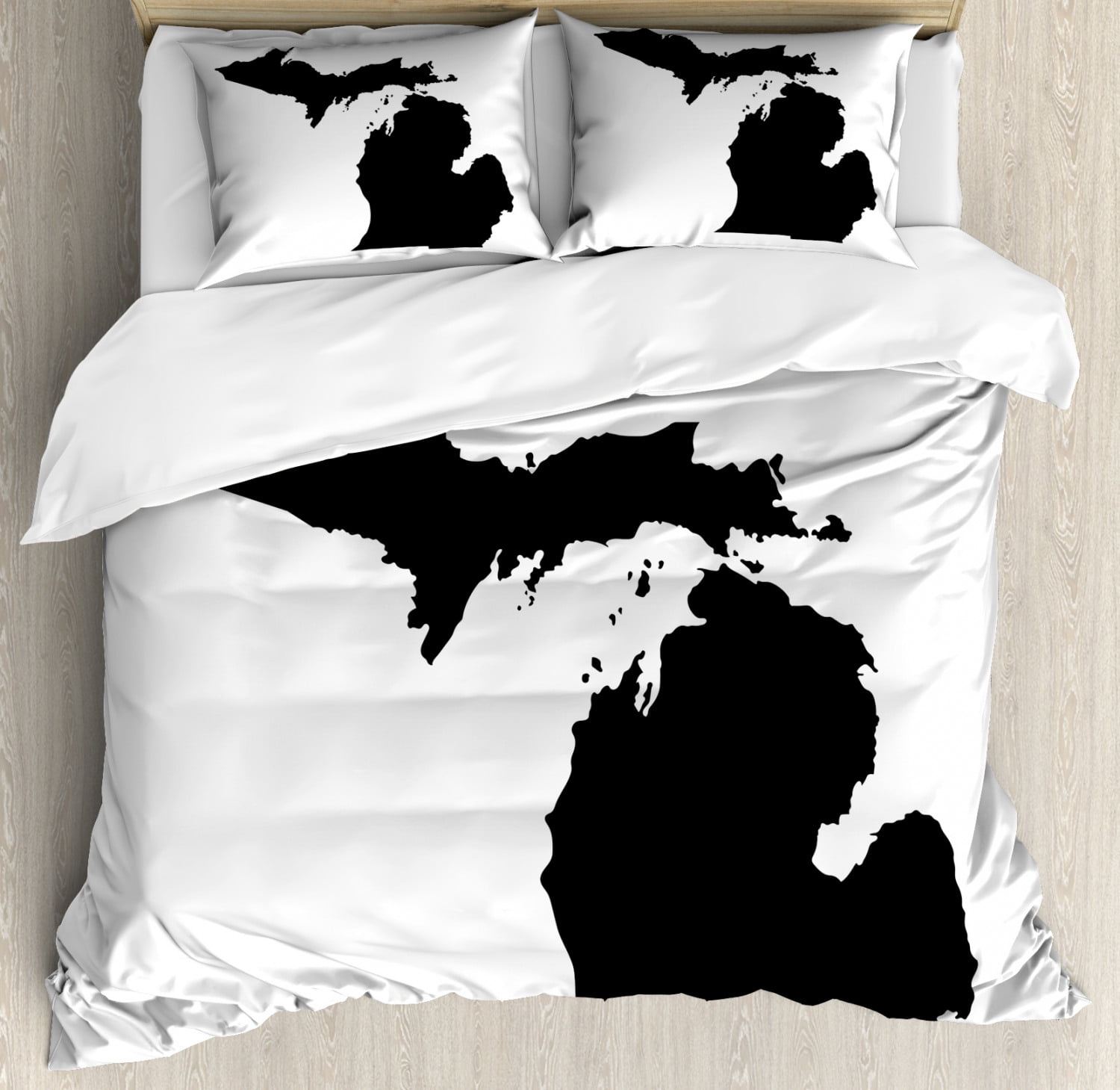 Michigan Duvet Cover Set Queen Size, Abstract Black Silhouette Map of ...