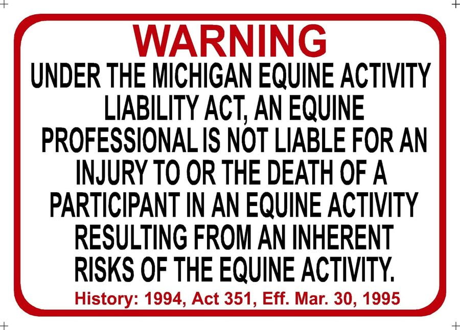 Michigan Equine Metal Sign activity liability warning statute horse ...