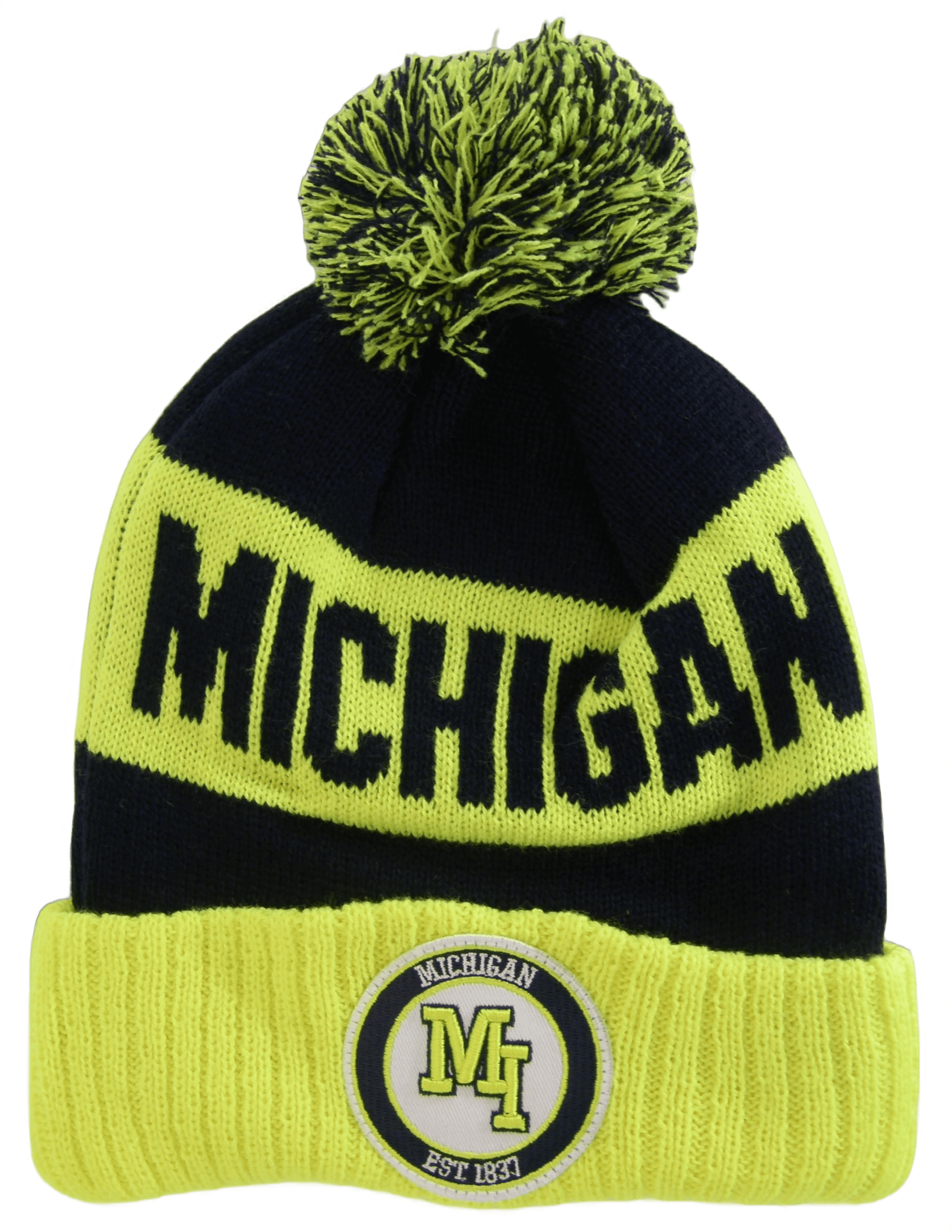 Michigan M Patch Ribbed Cuff Knit Winter Pom Beanie Hat (Navy/Gold ...