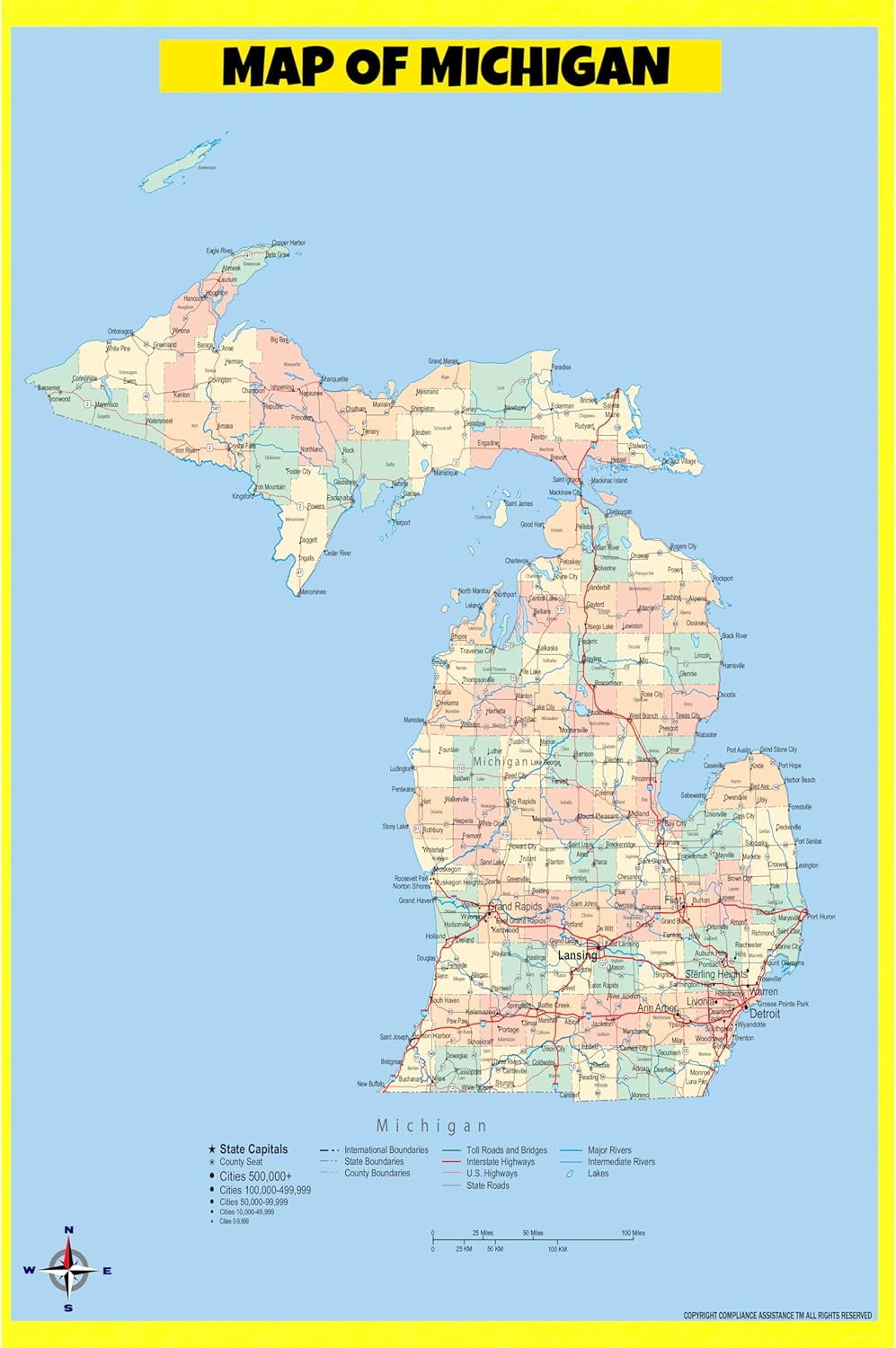 Michigan Map Poster - Laminated Wall Map - Style A - 18x24 - Ideal for Classrooms and Homes ...