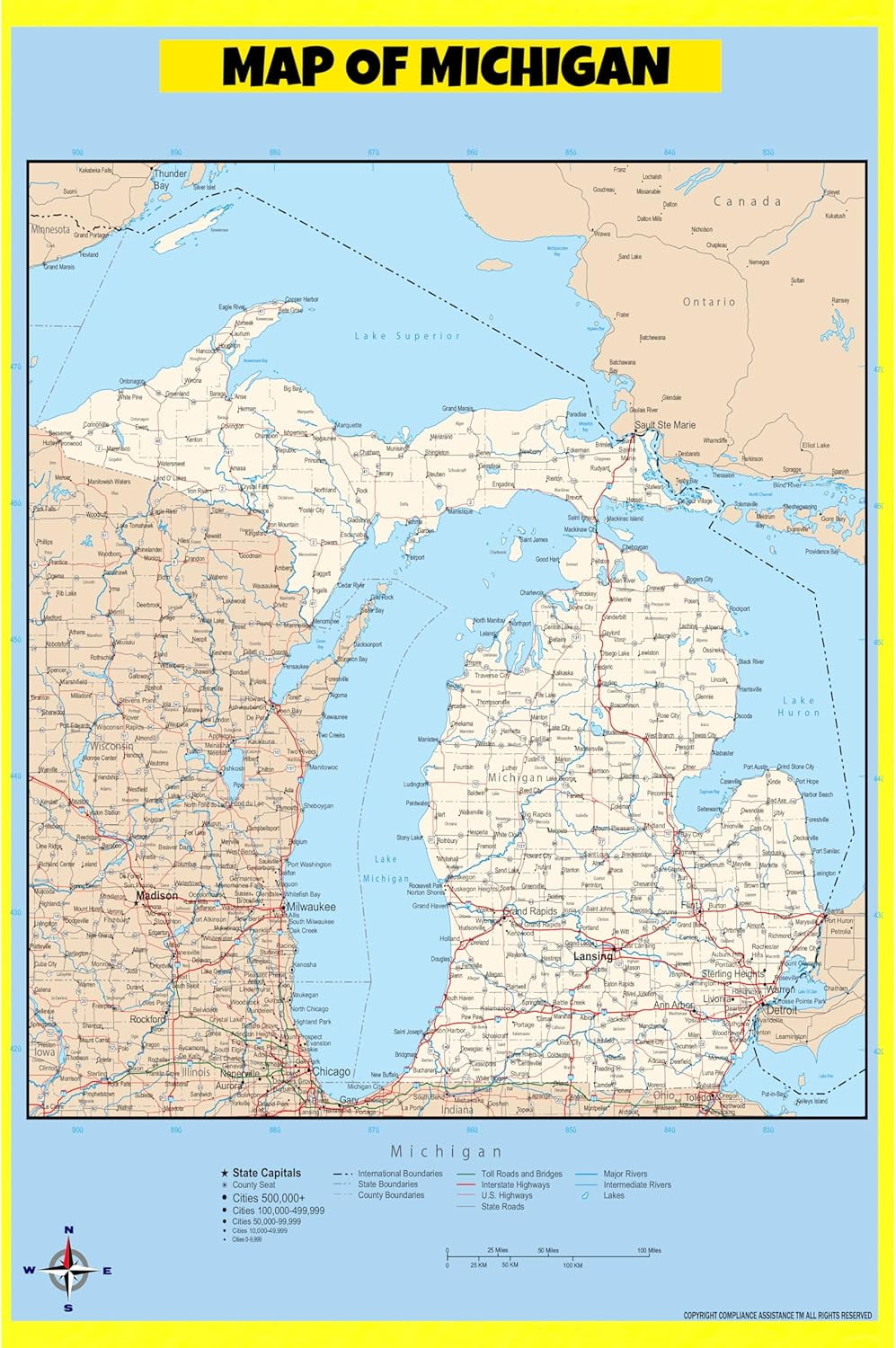 Michigan Map Poster - Laminated Wall Map - Style C - 24x36 - Ideal for Classrooms and Homes ...