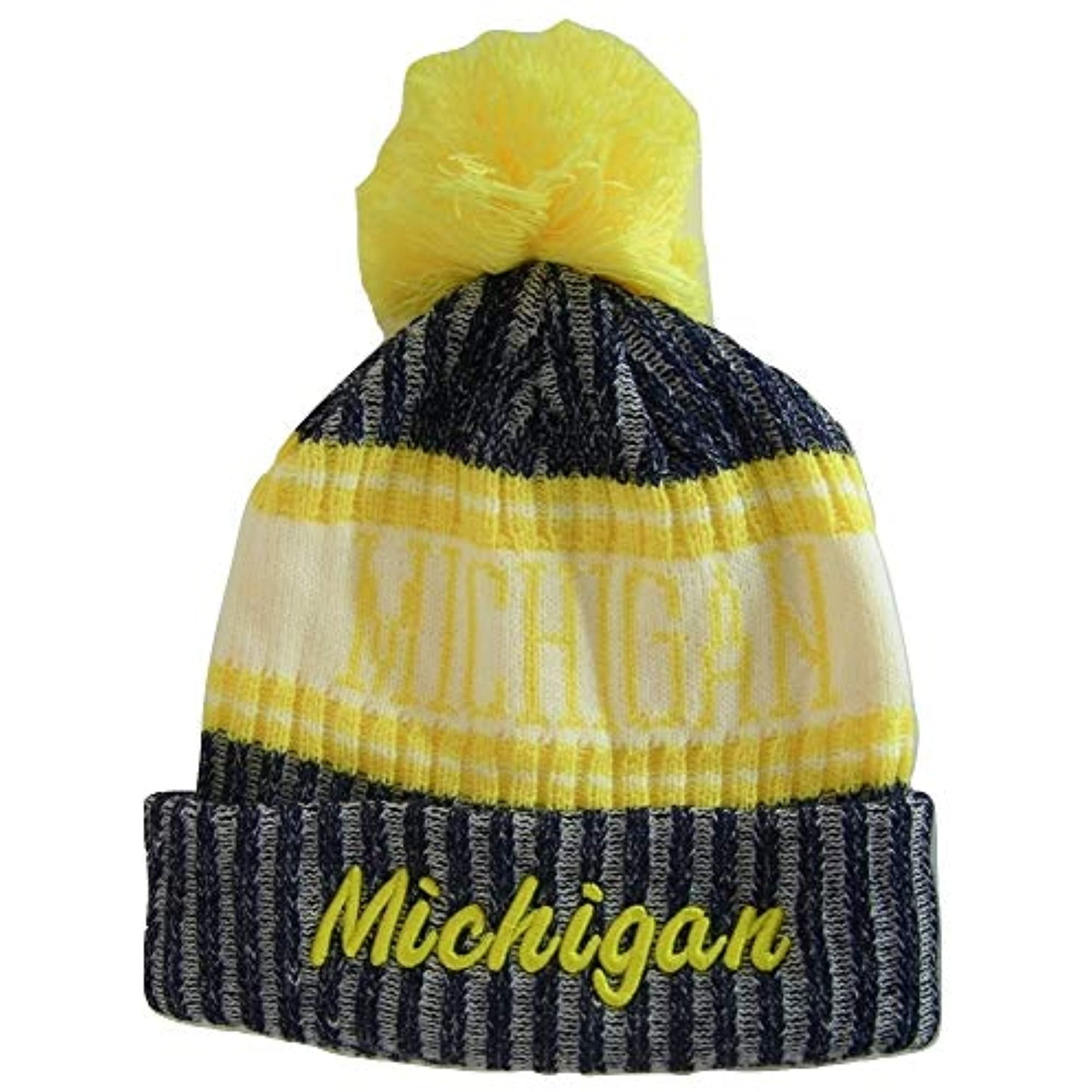 Michigan Plush Lined Embroidered Winter Knit Pom Beanie Hat (Navy/Gold ...