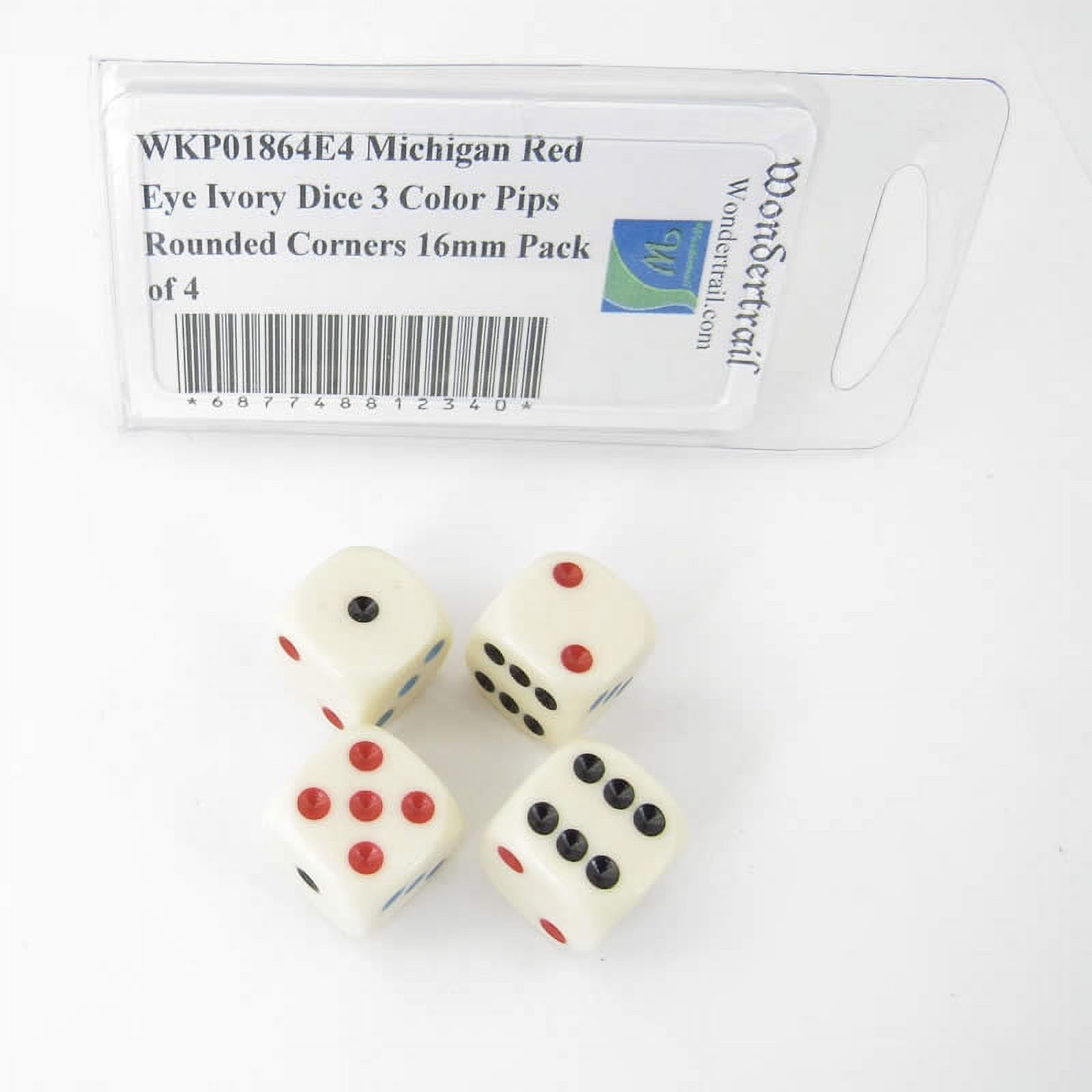Michigan Red Eye Ivory Dice with 3 Color Pips Rounded Corners 16mm (5 ...