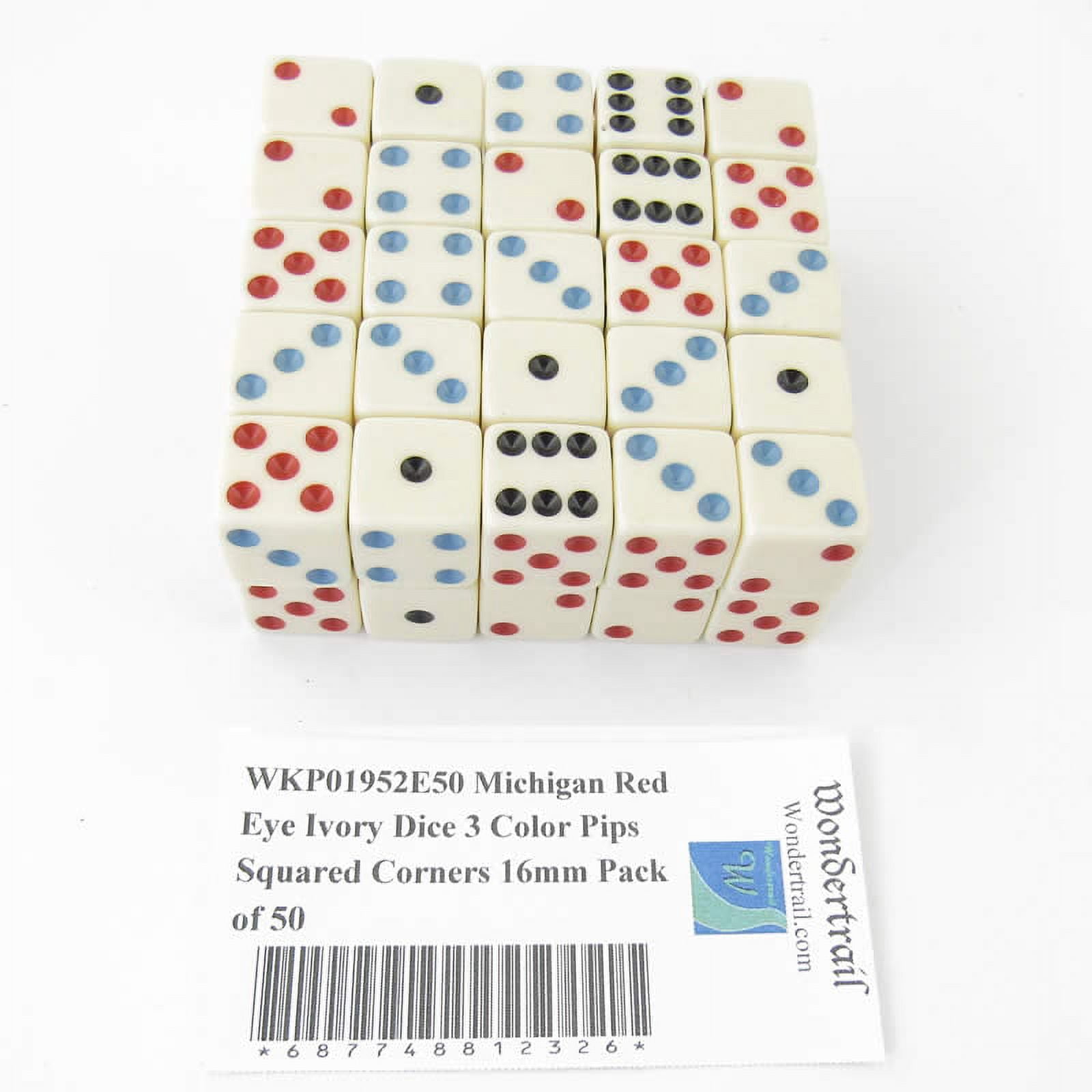 Michigan Red Eye Ivory Dice with 3 Color Pips Squared Corners 16mm (5 ...