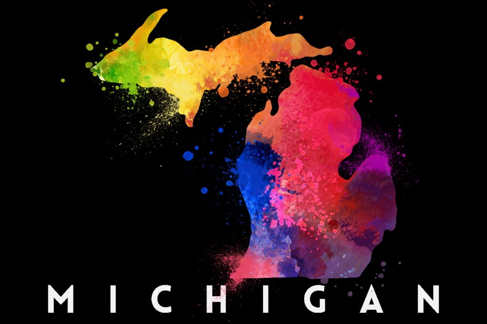 Michigan, State Abstract Watercolor, Black Background (24x36 Giclee ...