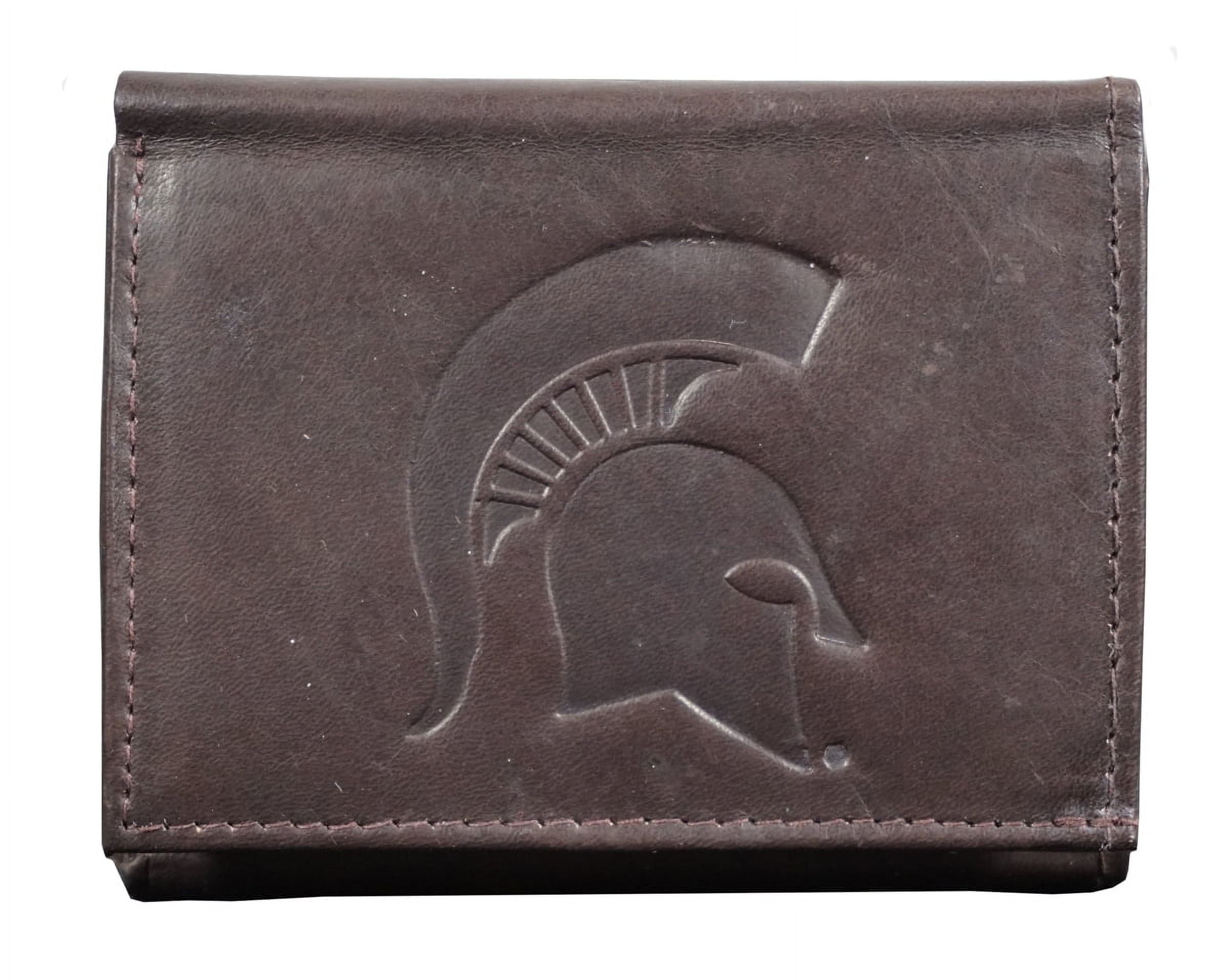Michigan State Embossed Trifold Wallet - Soft Dark Brown Leather - with ...