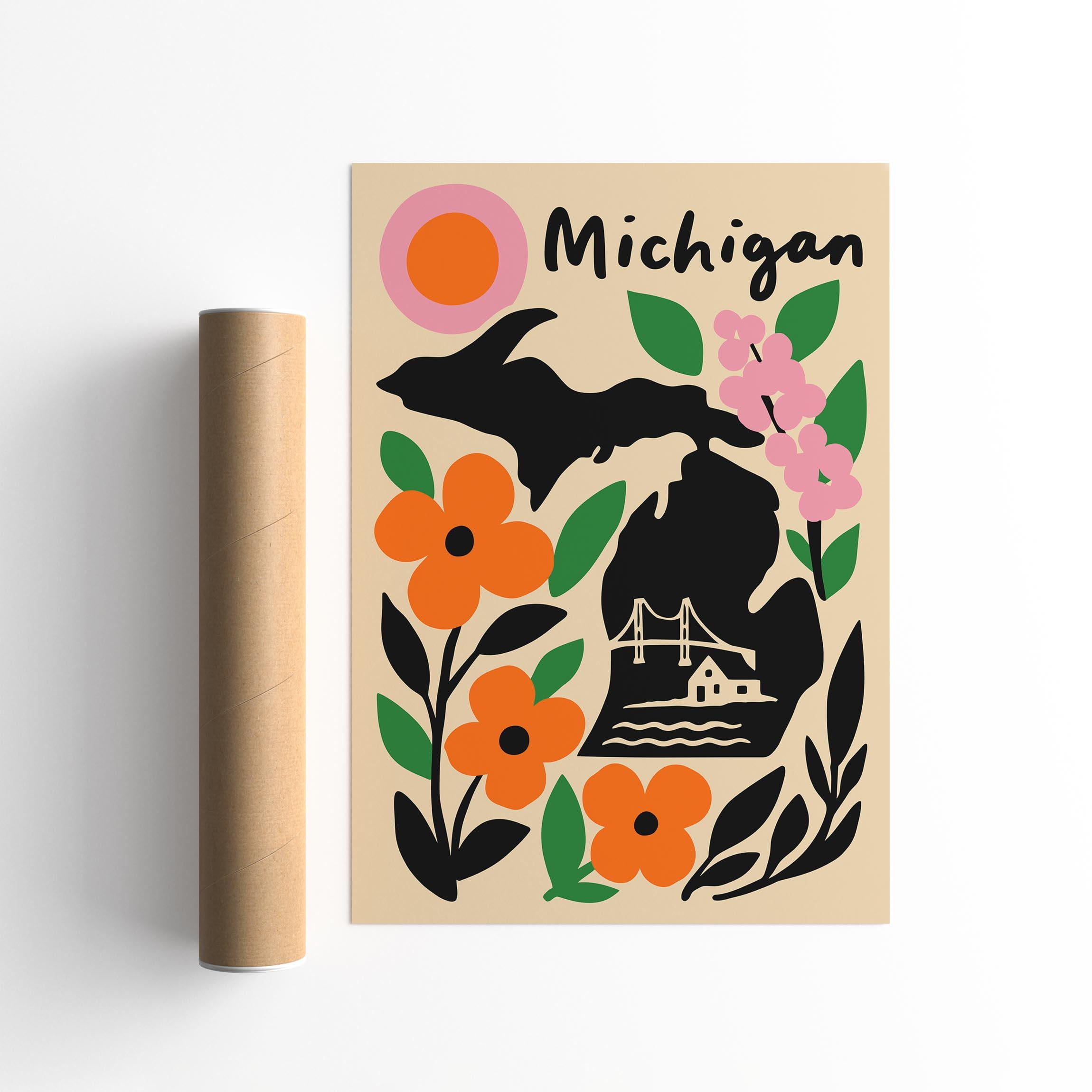 Michigan State Poster, Mackinac Bridge Art, Floral Great Lakes Print ...