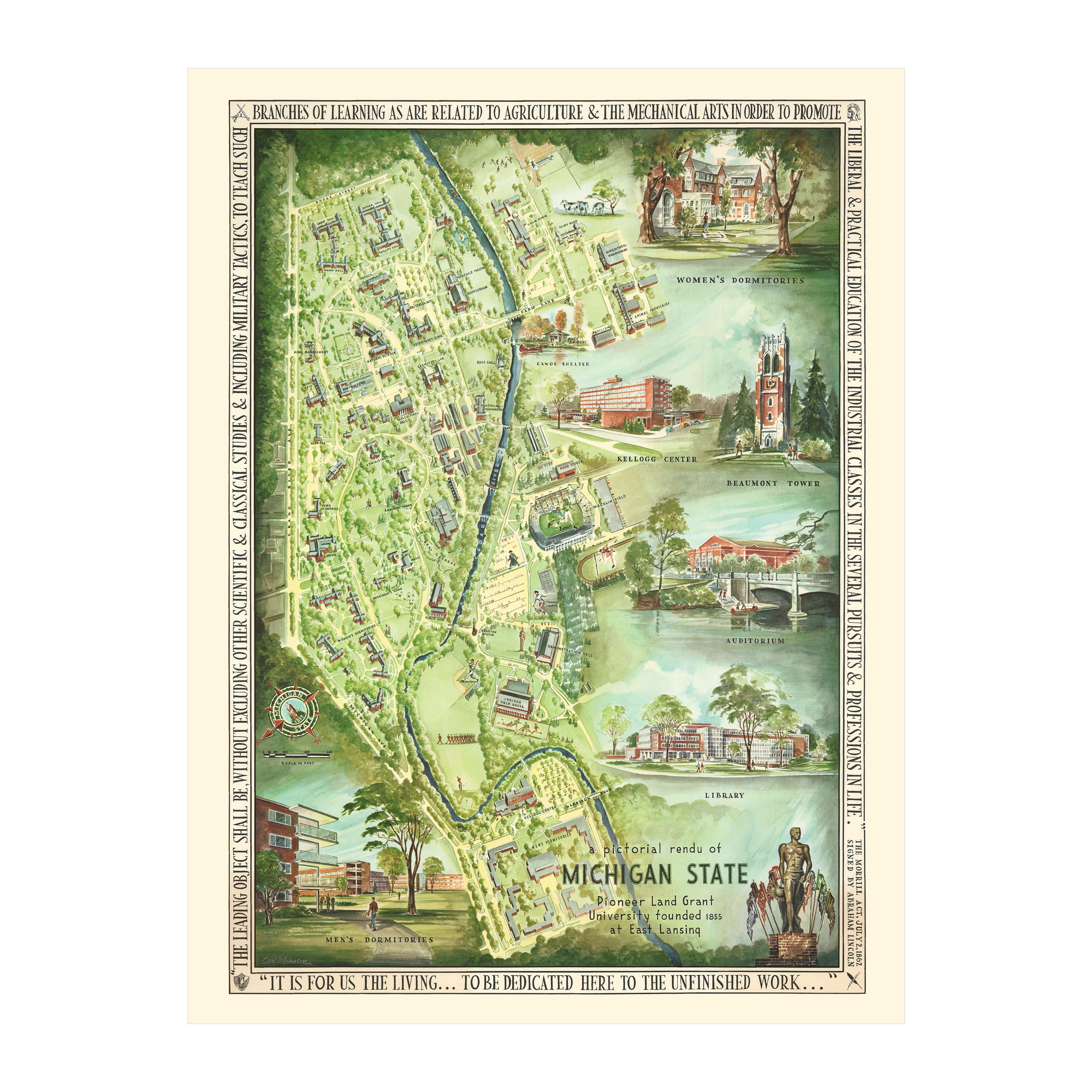 Michigan State University Art, 1955 Vintage Map of Michigan State ...