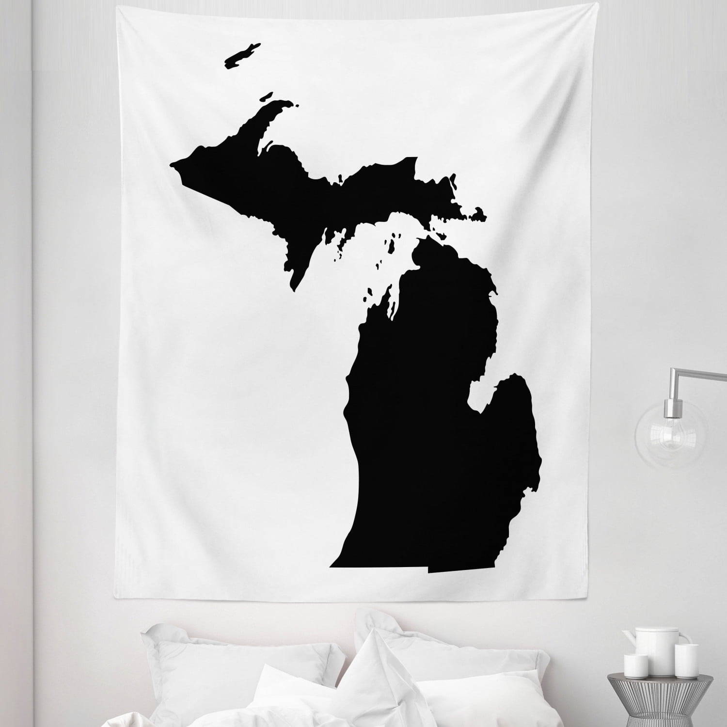 Michigan Tapestry, Abstract Black Silhouette Map of Michigan Geography ...