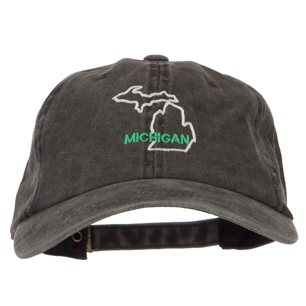 Michigan with Map Outline Embroidered Washed Cotton Twill Cap - Black ...
