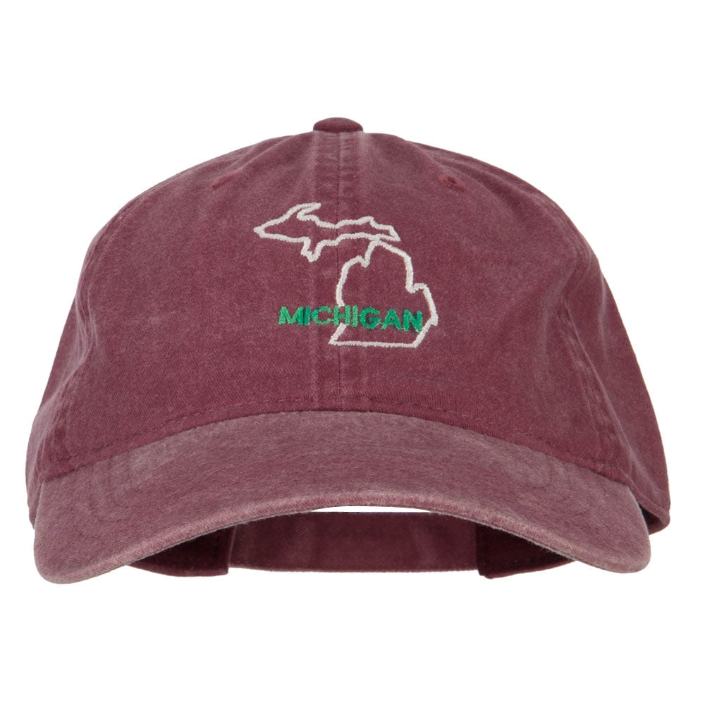 Michigan with Map Outline Embroidered Washed Cotton Twill Cap - Maroon ...