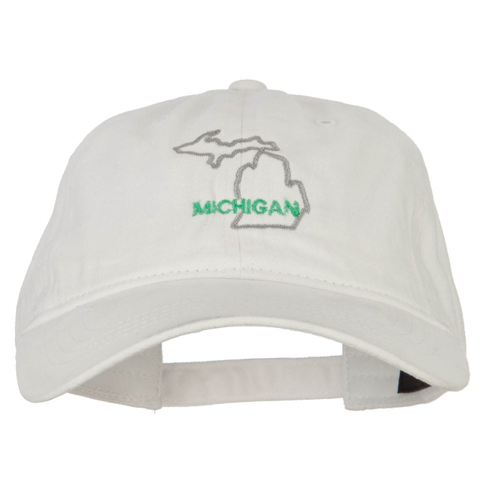 Michigan with Map Outline Embroidered Washed Cotton Twill Cap - White ...