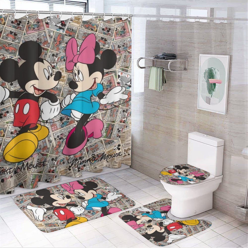 Mickey 4pcs Shower Curtain Set Cute Mouse Catoon Bathroom Decor With