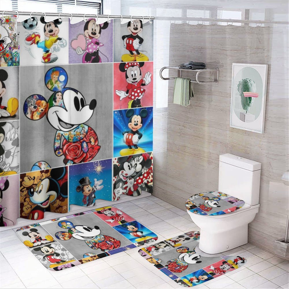 Mickey 4pcs Shower Curtain Set Cute Mouse Catoon Bathroom Decor With
