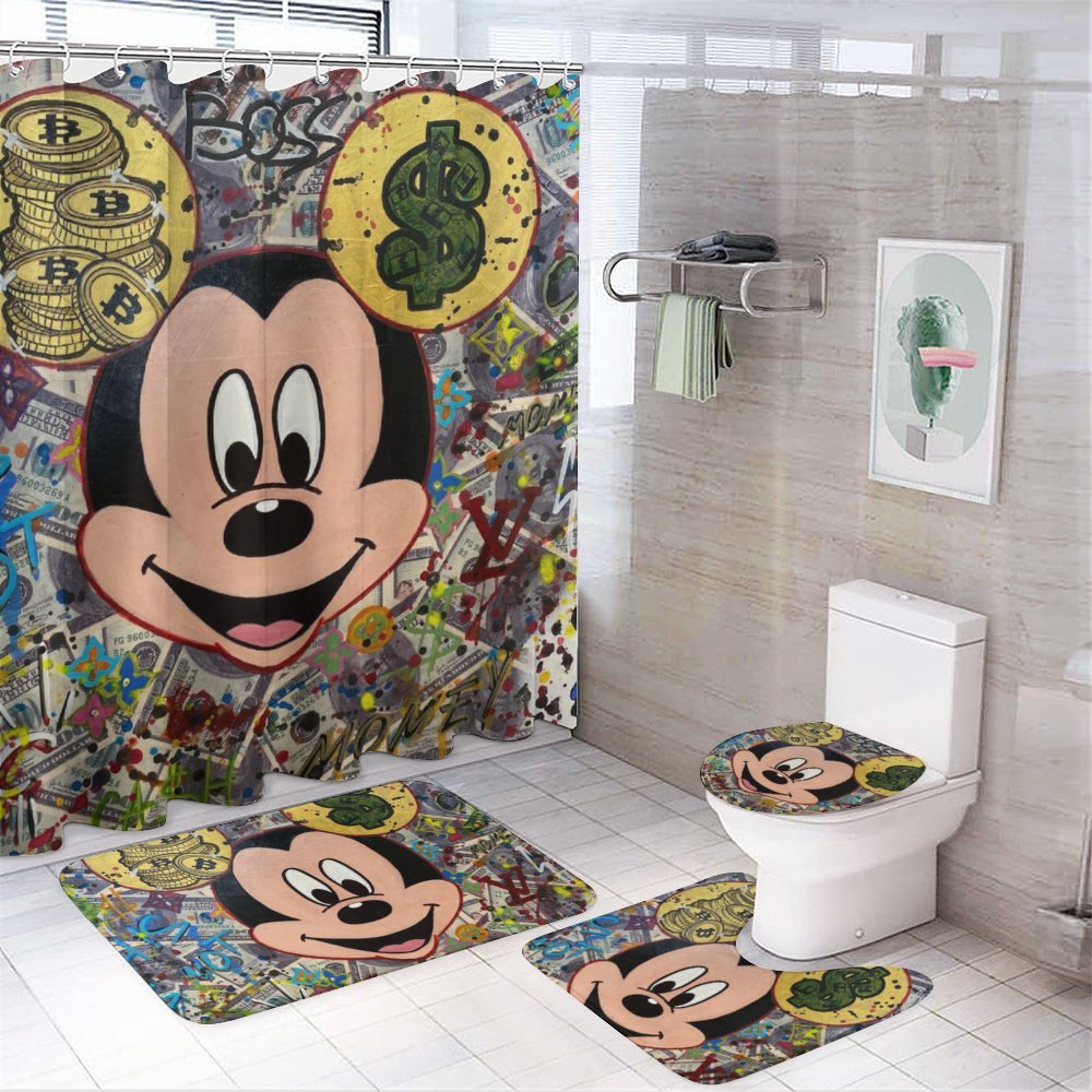 Mickey 4pcs Shower Curtain Set Cute Mouse Catoon Bathroom Decor With
