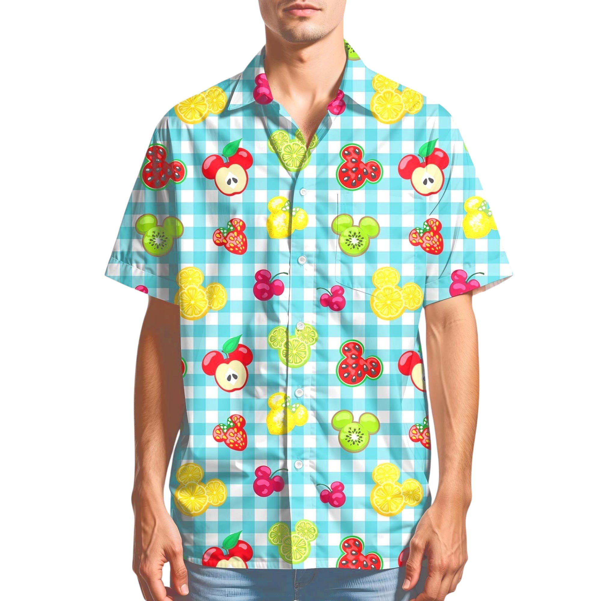 Mickey Fruits Gingham Mens Boys Button Up Cruise Family Plus Size ...