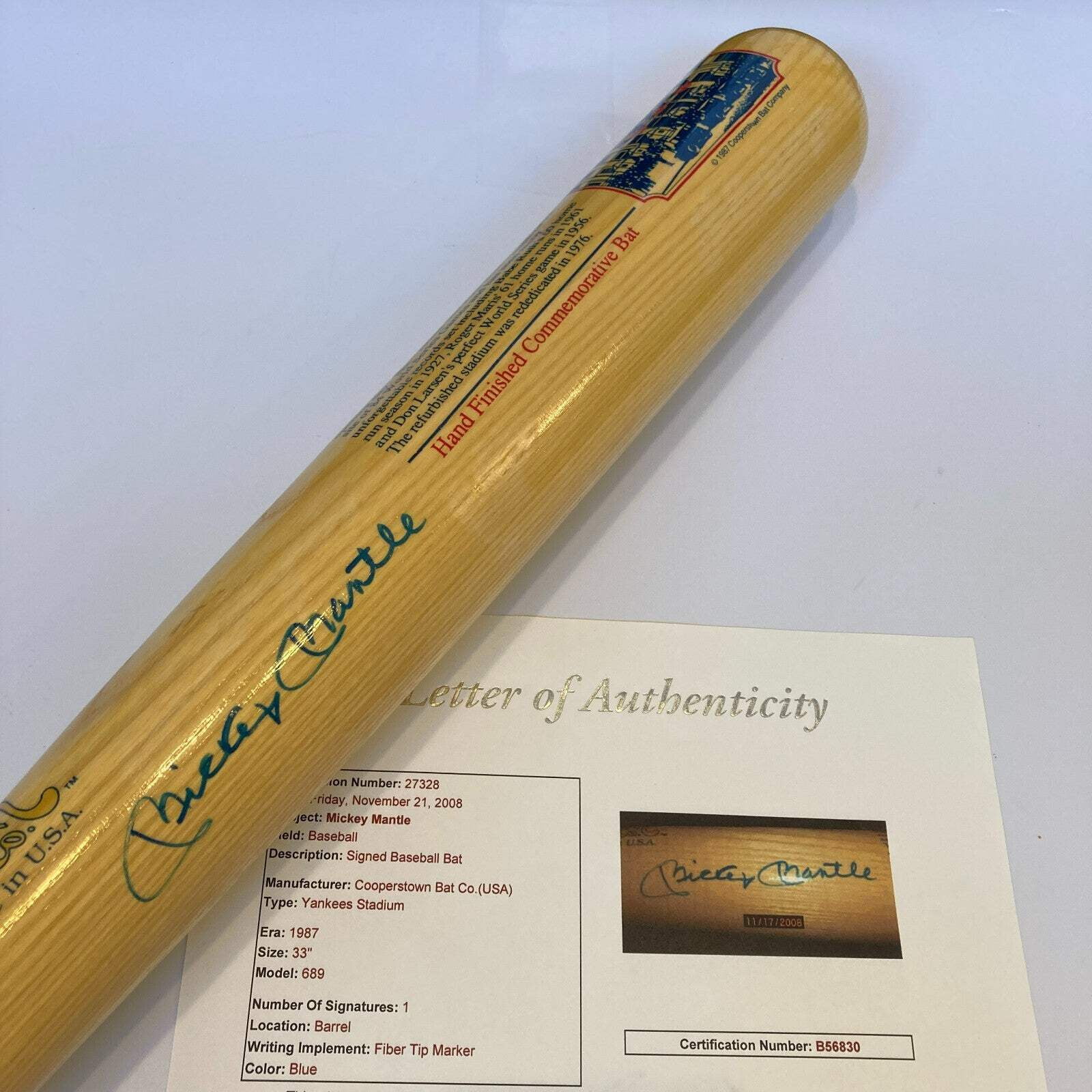 Mickey Mantle Signed Autographed Cooperstown Hall Of Fame Bat JSA COA ...