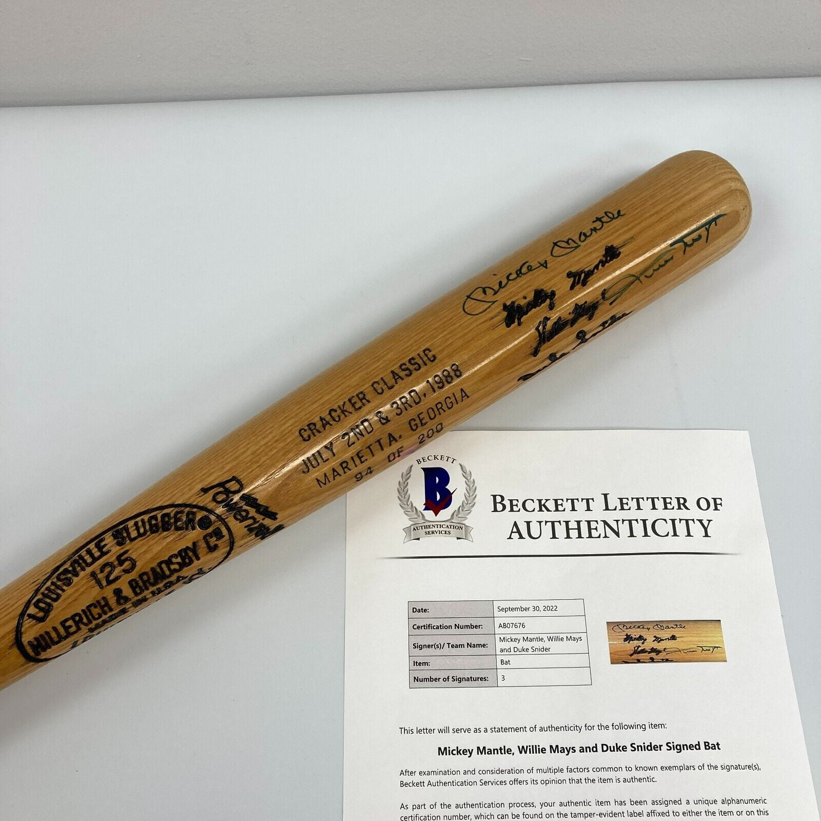 Mickey Mantle Willie Mays Duke Snider Signed Baseball Bat With Beckett ...