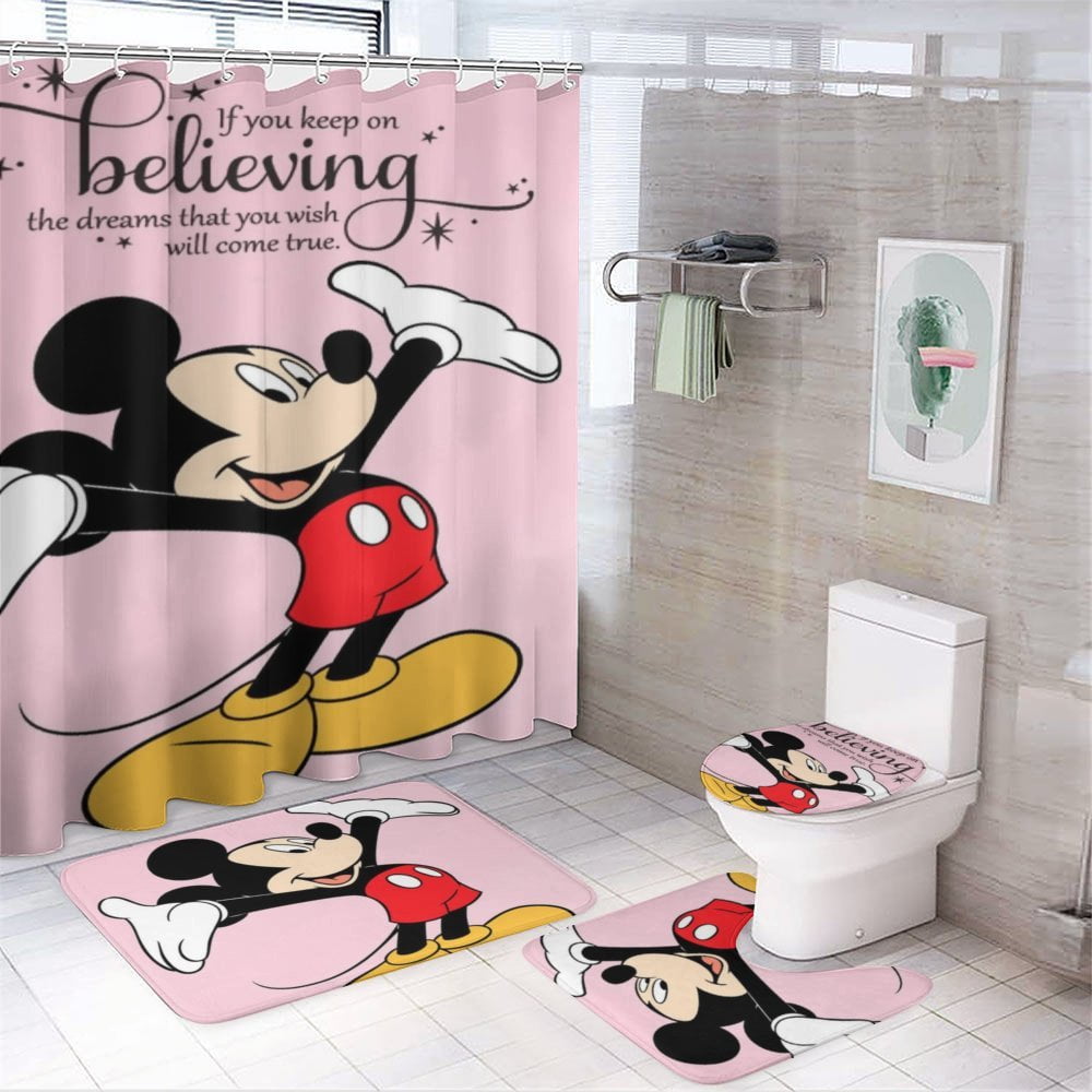 Mickey Mouse 4 Piece Cartoon Shower Curtain Set with Non-Slip Rugs ...