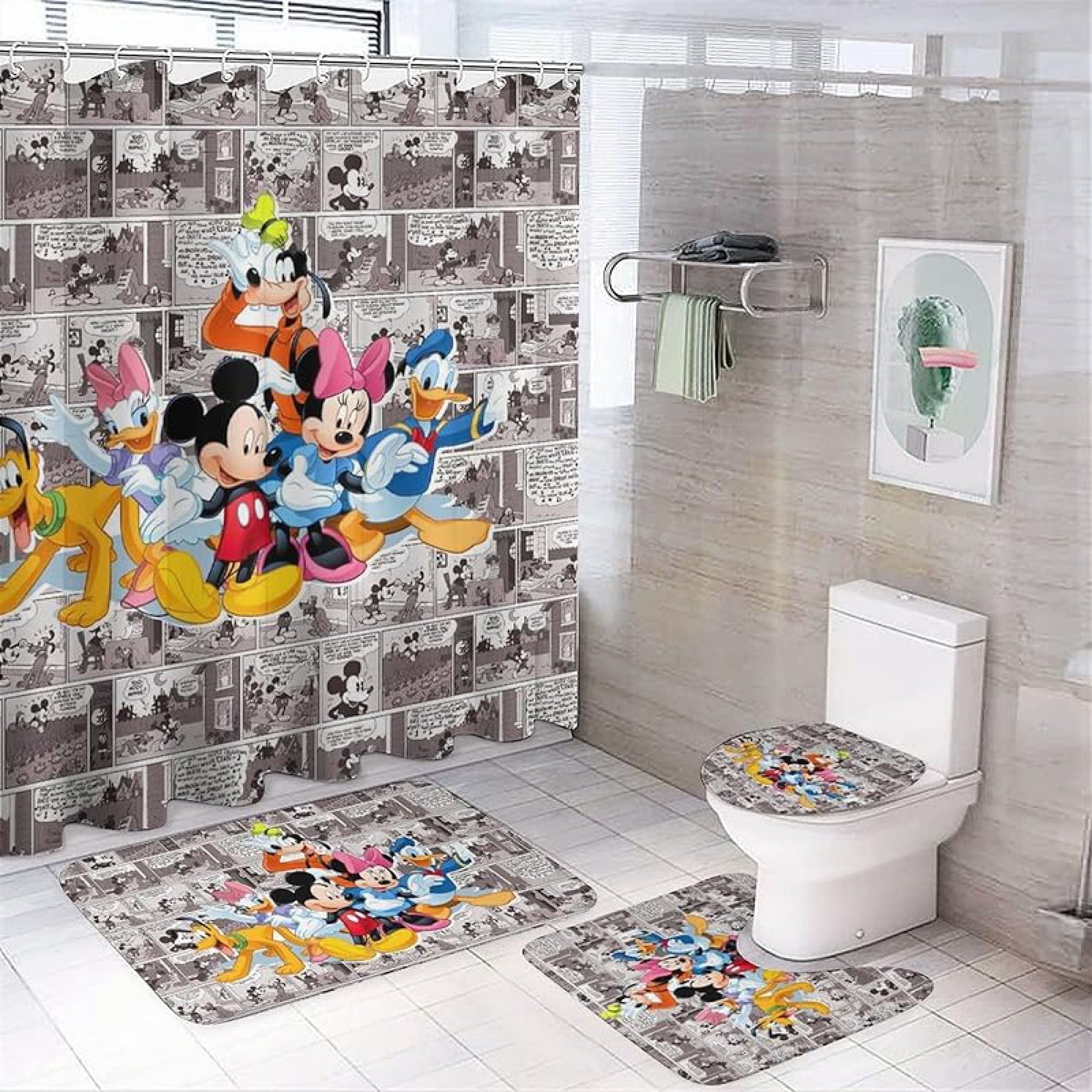 Mickey Mouse 4Pcs Cartoon Shower Curtain Sets, Bathroom Sets with ...
