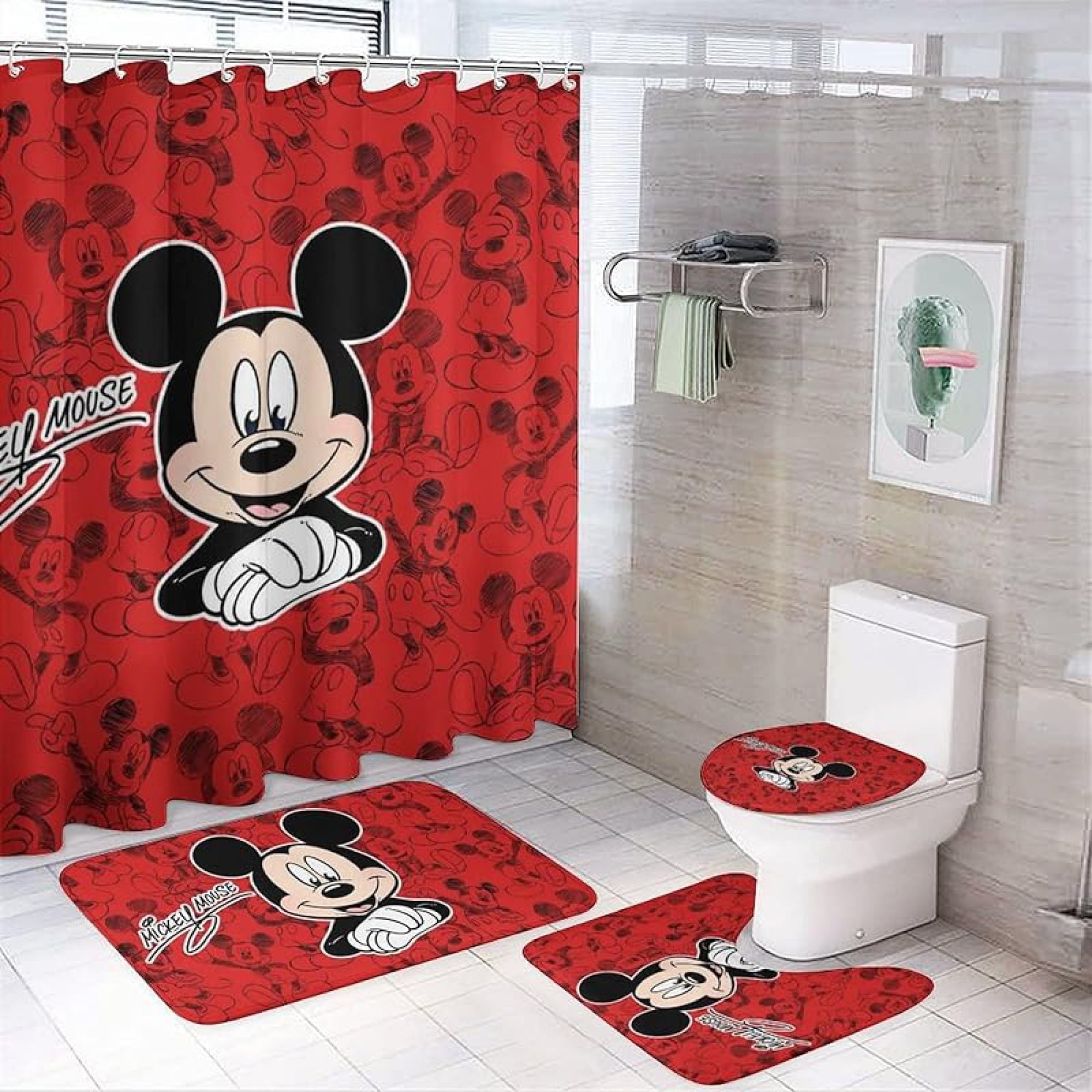 Mickey Mouse 4Pcs Cartoon Shower Curtain Sets, Bathroom Sets with ...