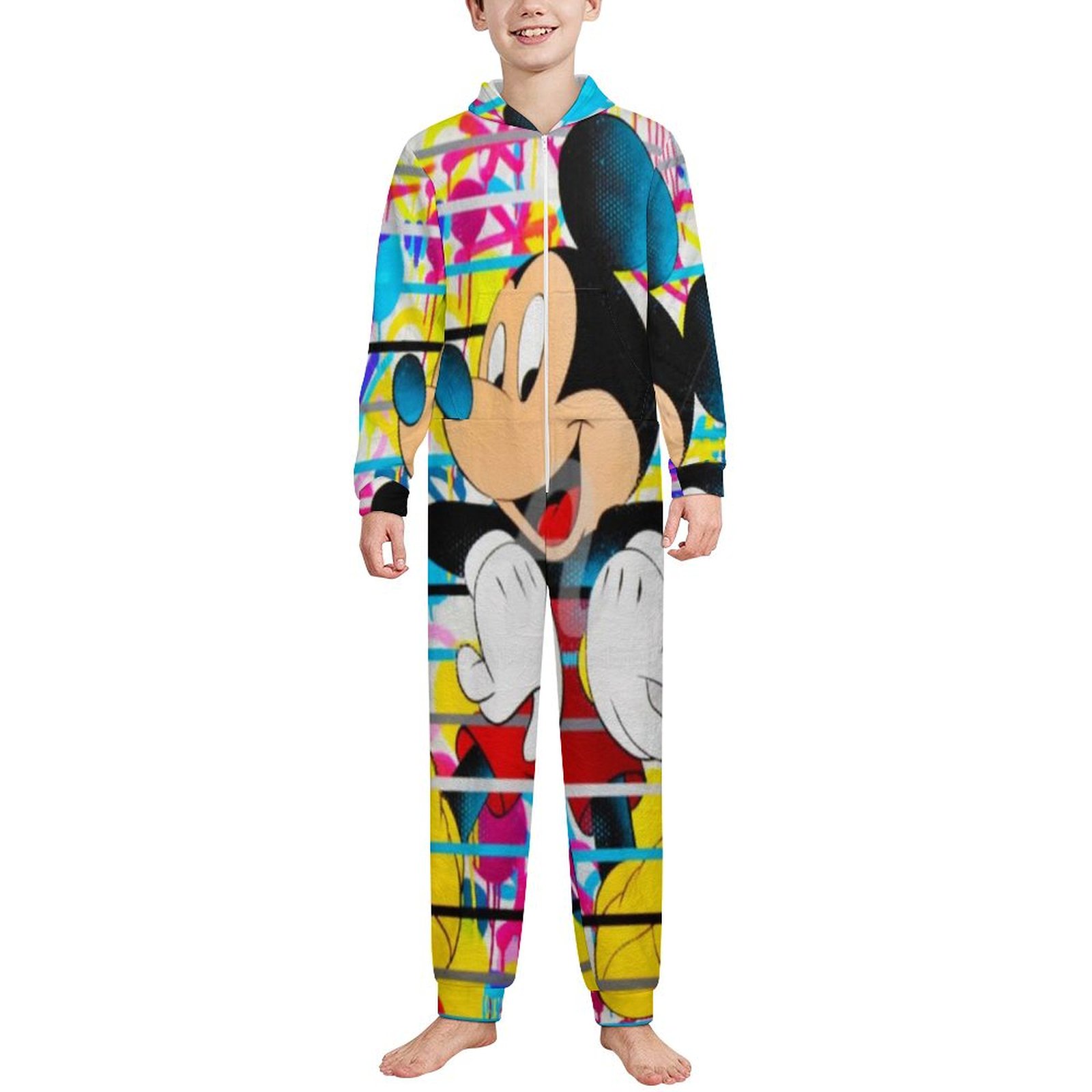 Mickey Mouse Kids Onesie Pajamas, Boys Girls Long Sleeve Zip Up Hooded ...