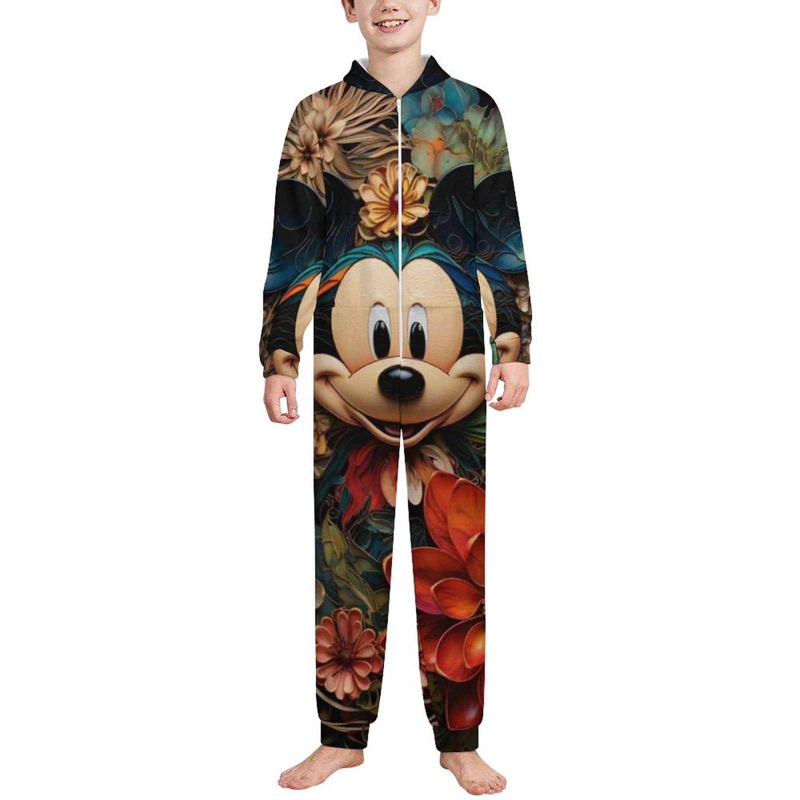 Mickey Mouse Kids Onesie Pajamas, Boys Girls Long Sleeve Zip Up Hooded ...