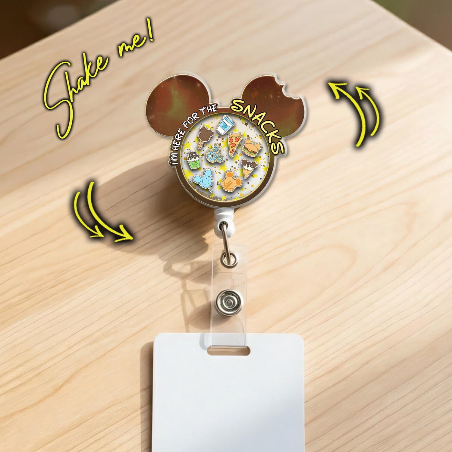 Mickey Mouse Snacks Shaker Badge Reel, I'm Just Here For The Snacks ID ...