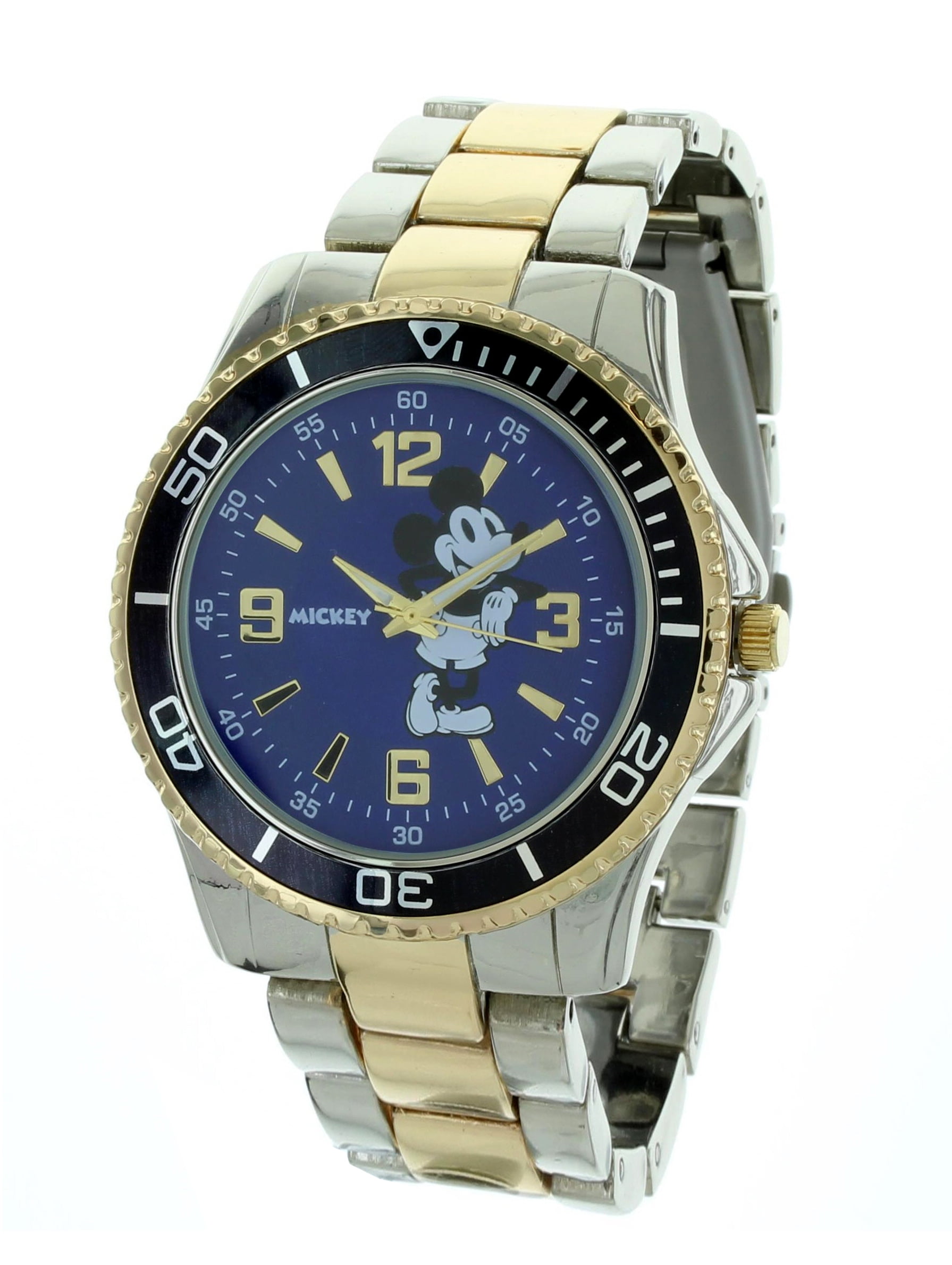 Disney Mickey Mouse Two Tone Metal Watch, Black Bezel, Blue Dial ...