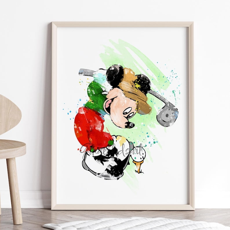 Mickey Mouse, Watercolor, Art Print, Mickey, Mickey Golf player, Minnie ...