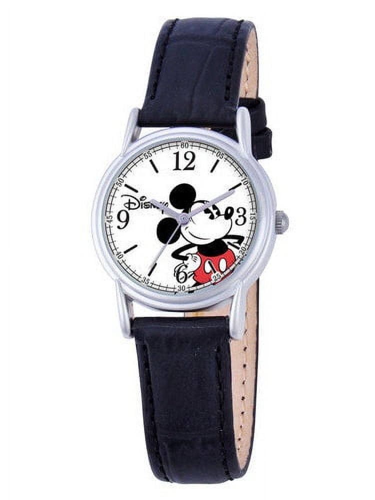Disney Mickey Mouse women's Silver Alloy Watch - Black Leather Strap ...