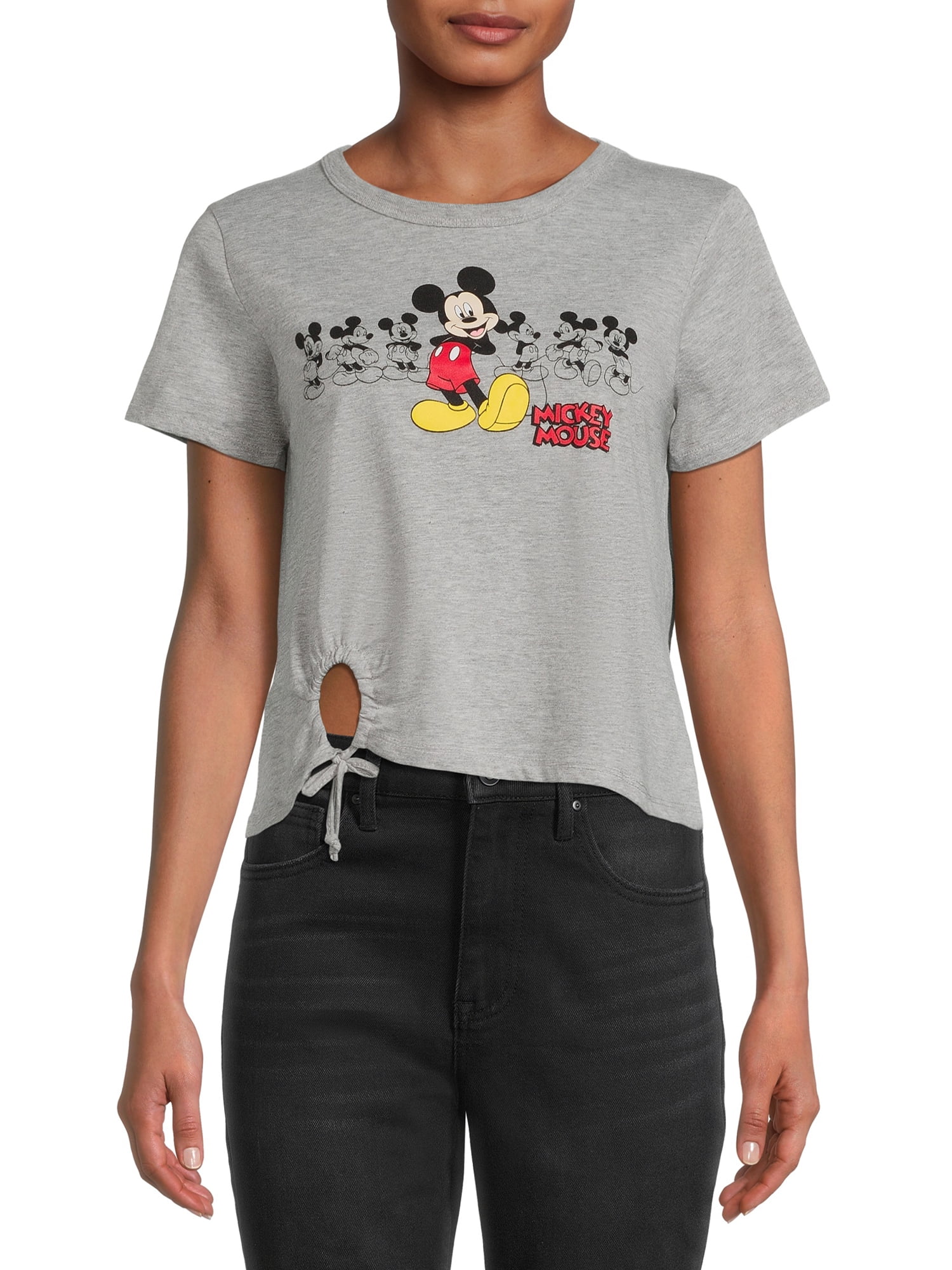 Mickey Mouse Women's Juniors Ruched O-Ring Cropped Graphic Tee ...
