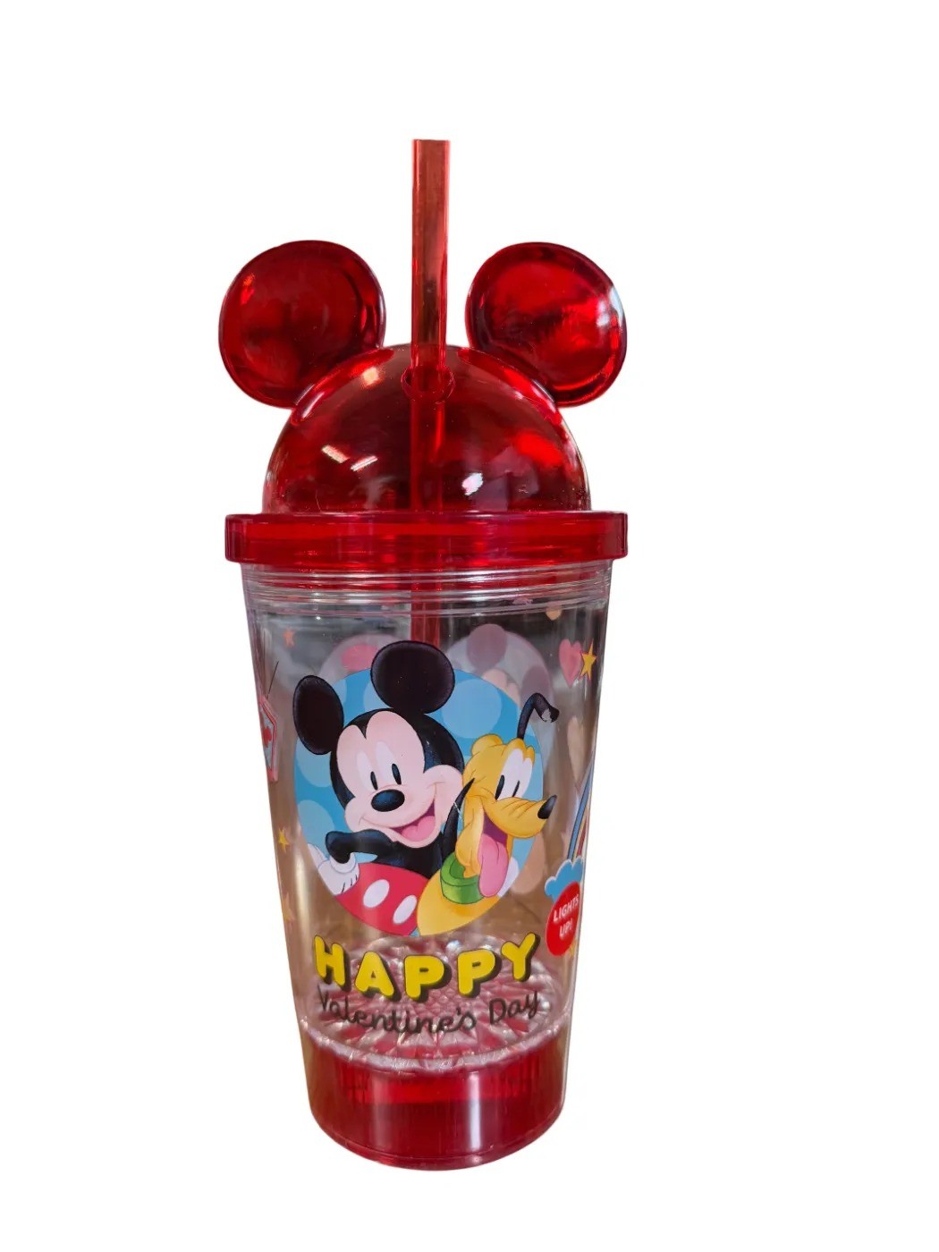Mickey Mouse with Ear Shaped Lid and Flashing Valentine Cup with Straw ...