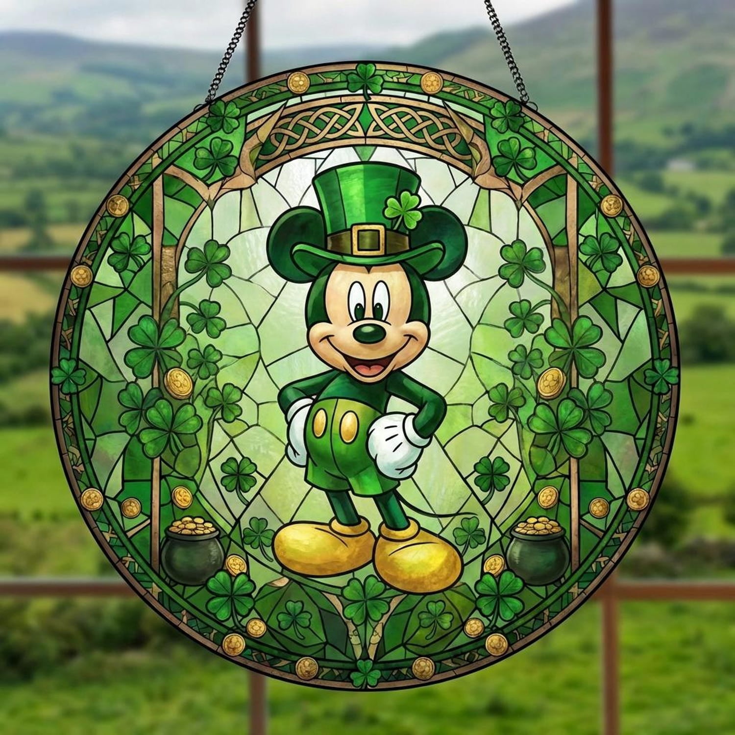 Mickey Patrick day Glass Suncatcher, Disney Window Decor St. Patrick’s ...