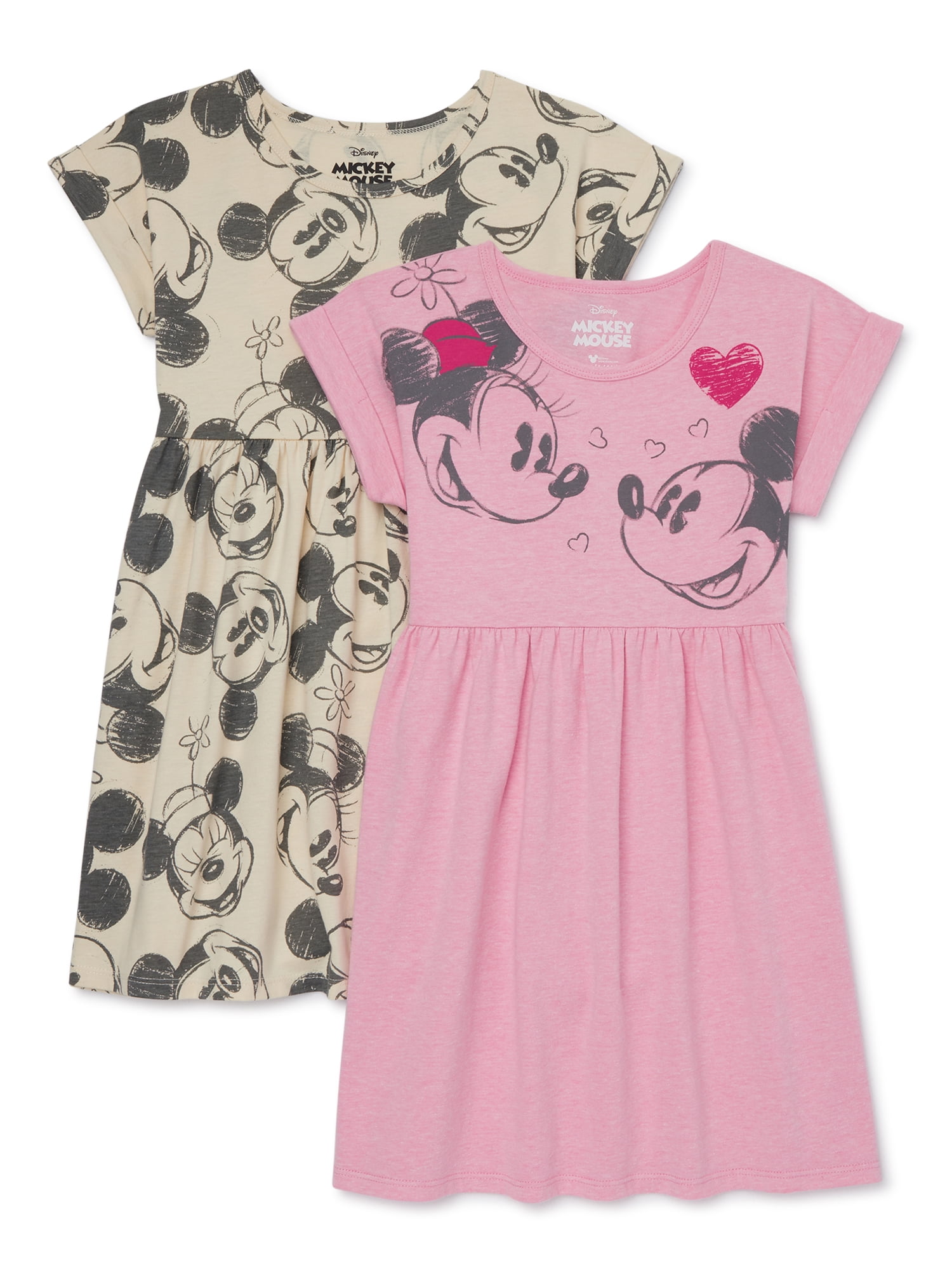 Mickey and Minnie Mouse Girls’ Play Dress with Short Sleeves, 2-Pack ...