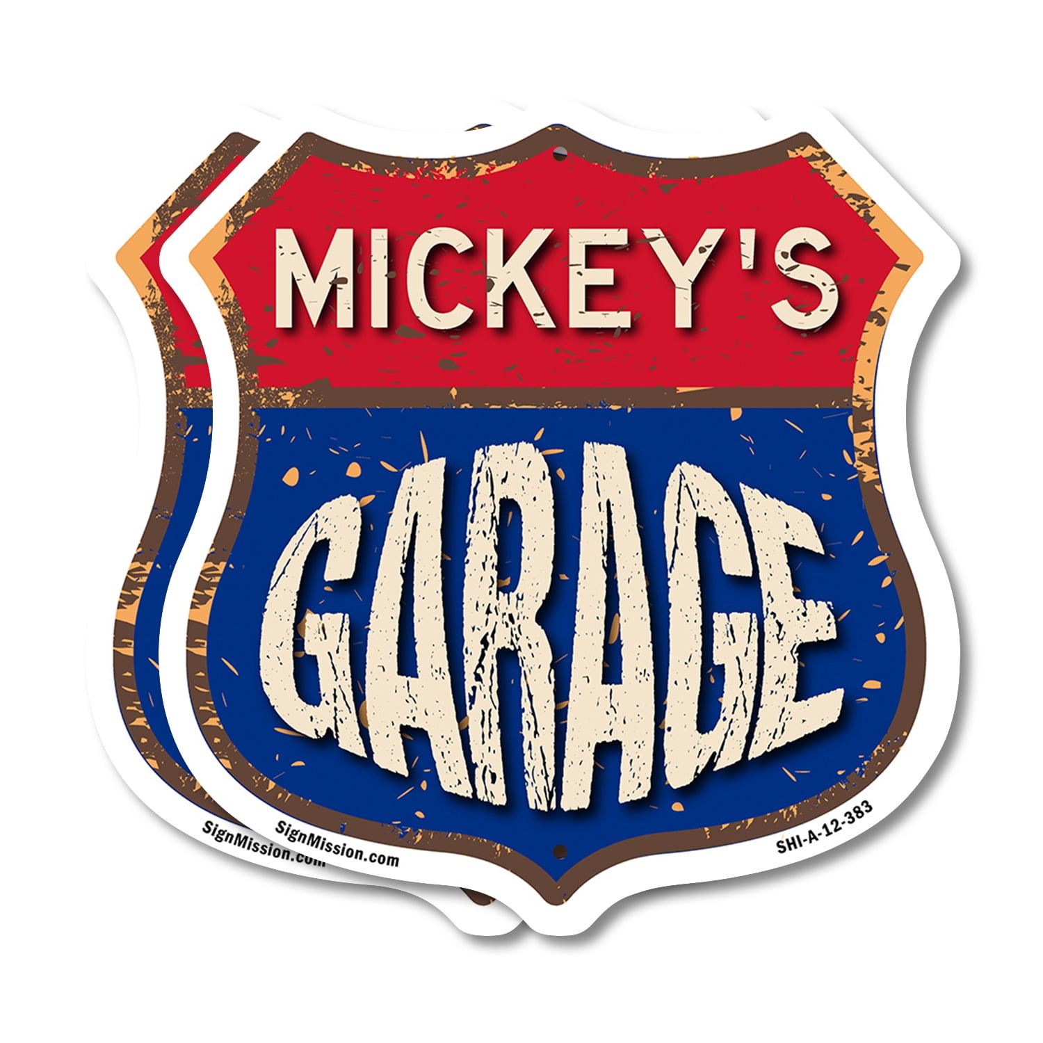 Mickey's Garage (2 Pack) 12 inch X 12 inch Shield Shaped Commercial Grade Plastic Signs Weather ...