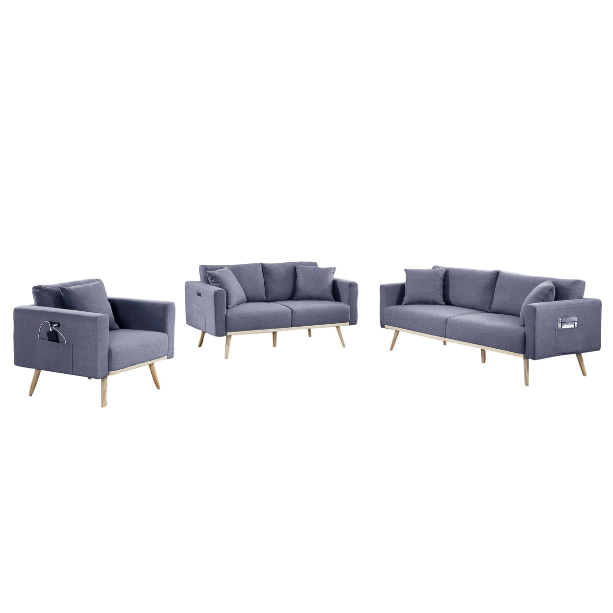 Mico 75 Inch Sofa, Loveseat and Chair Set with Throw Pillows, Dark Gray ...