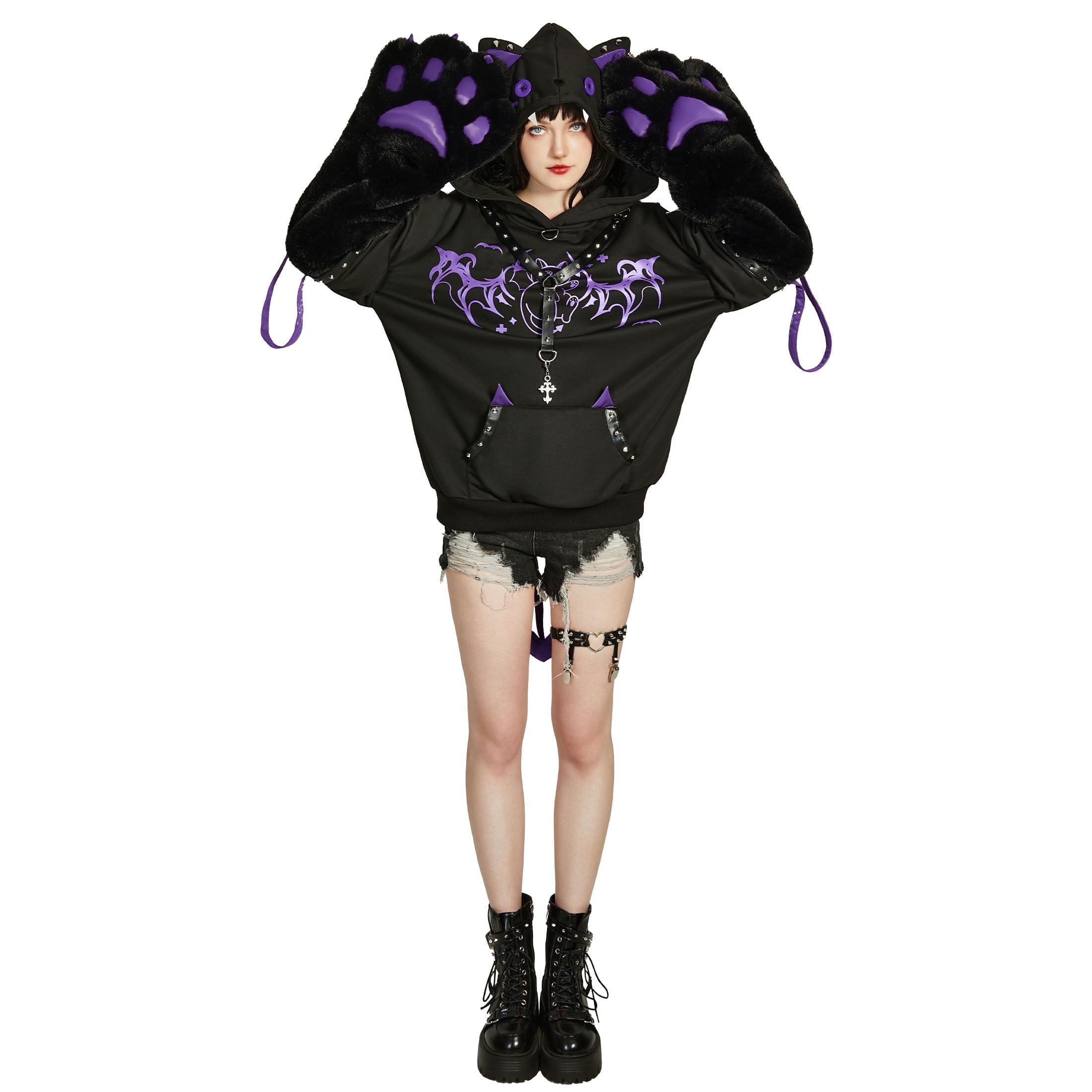 Micotaku Women's Gothic Rivet Design Paw Hoodie Color Clash Hoodie for ...