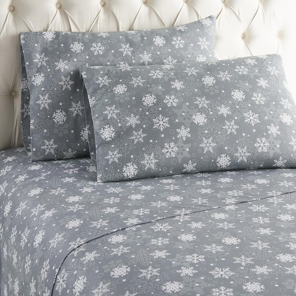 Micro Flannel Printed Deep-Pocket Sheet Set, Full, Snowflakes Gray ...