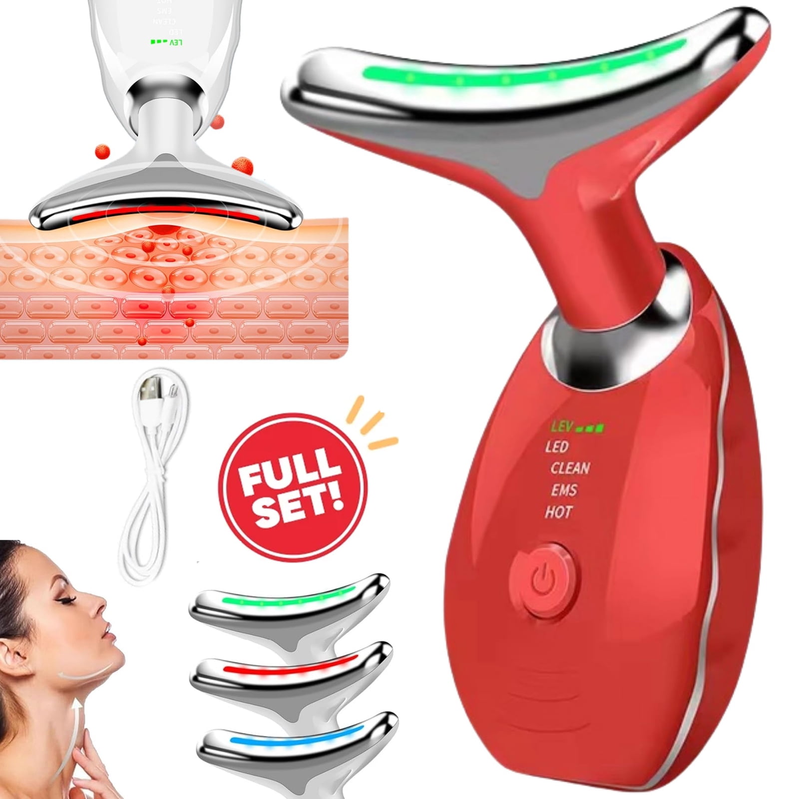 Micro-Glow Facial, 3 Color Led Face Neck Massager, USB Rechargeable ...