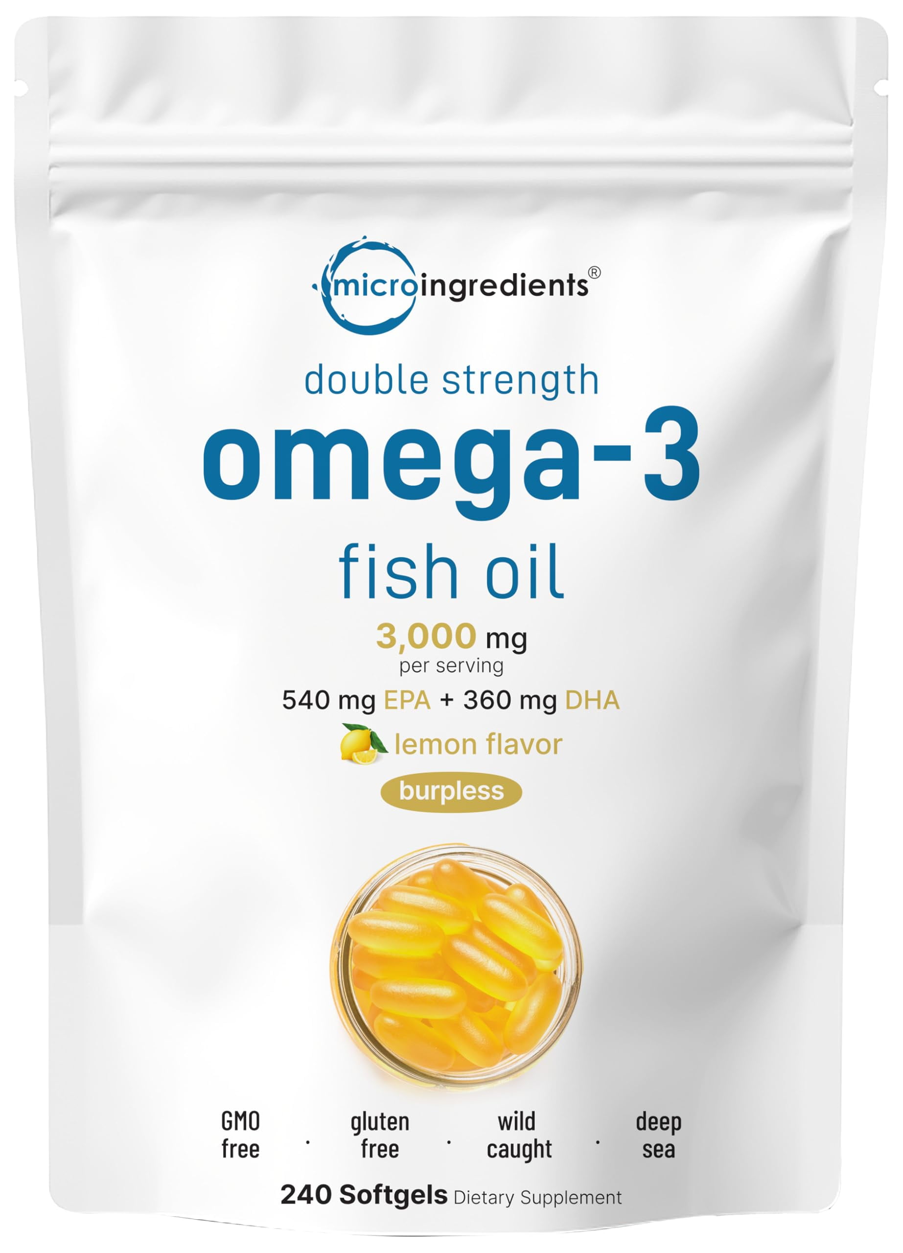 Micro Ingredients Omega 3 Fish Oil Supplements 3,000mg Per Serving, 240 Softgels | Lemon ...