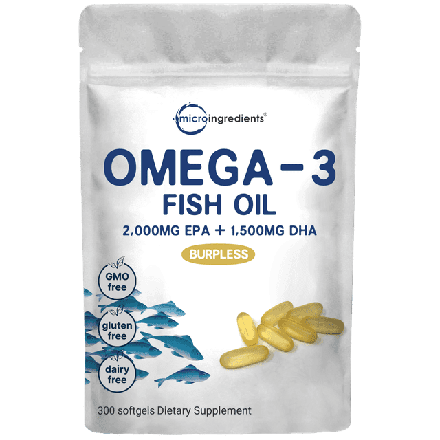 Micro Ingredients Omega 3 Fish Oil Supplements, 300 Count, 3750mg Serving | Burpless Lemon ...