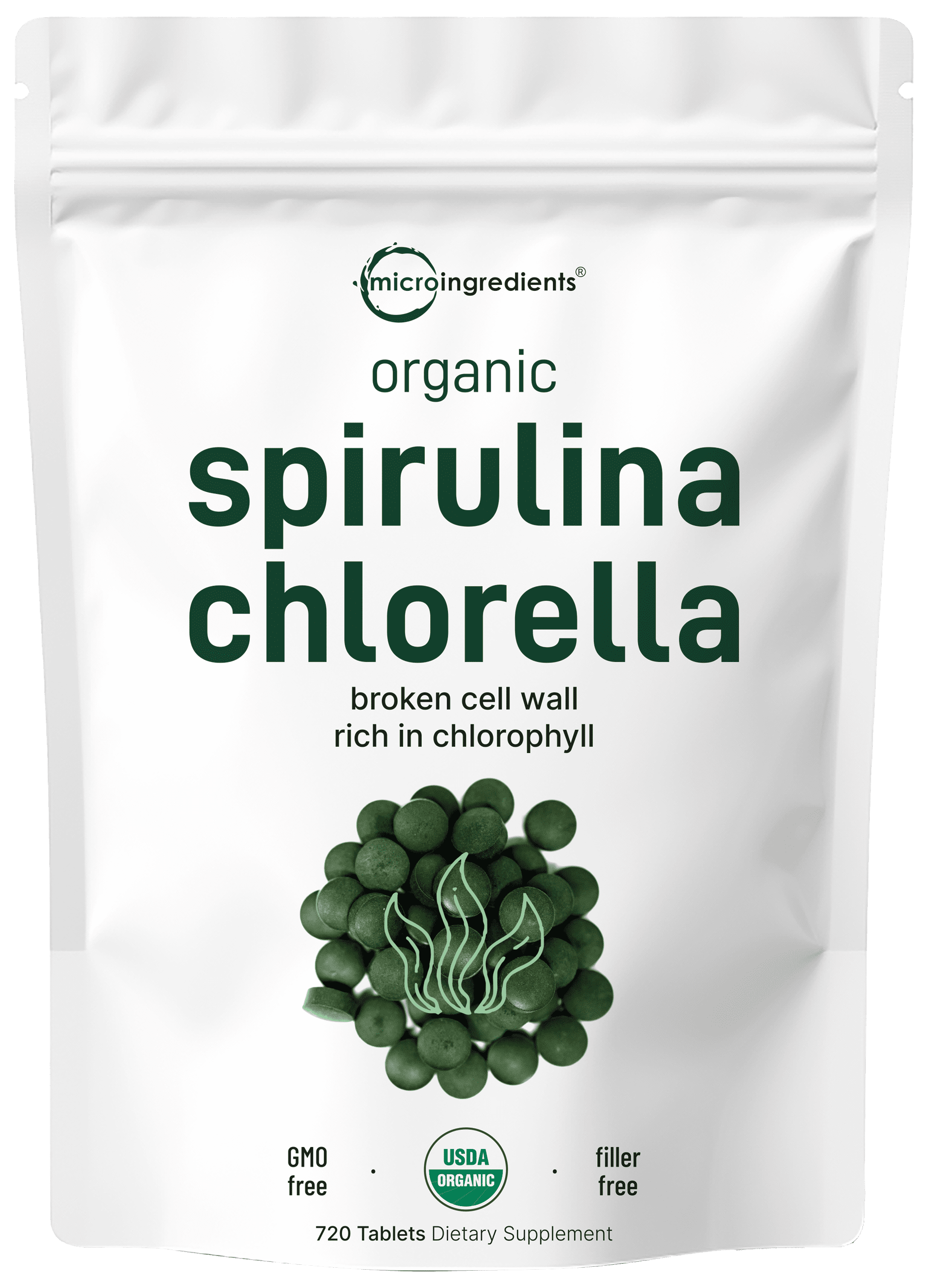MICROINGREDIENTS Organic Spirulina Chlorella Tablets 720 Count 4 Months ...