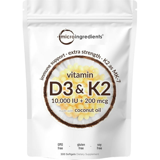 Micro Ingredients Vitamin D3 10000iu Plus K2 (MK-7) 200mcg, 300 Virgin ...
