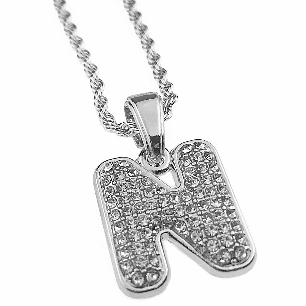 Micro Letter N Rope Chain Iced Initial Pendant Necklace 24" Inch Silver ...