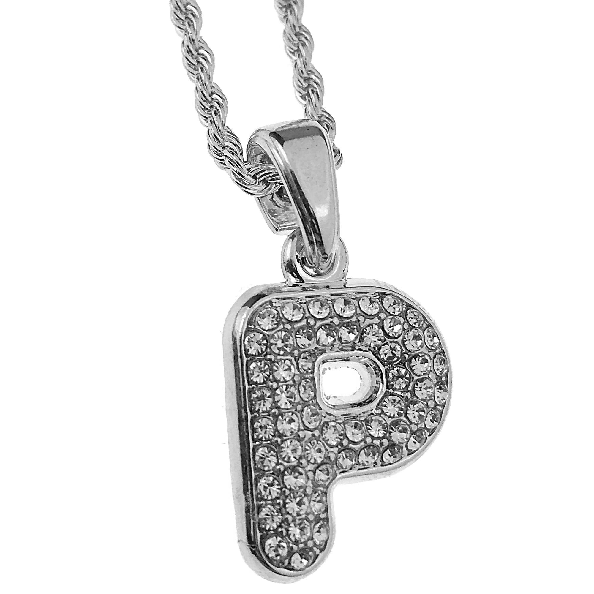 Micro Letter P Rope Chain Iced Initial Pendant Necklace 24" Inch Silver ...