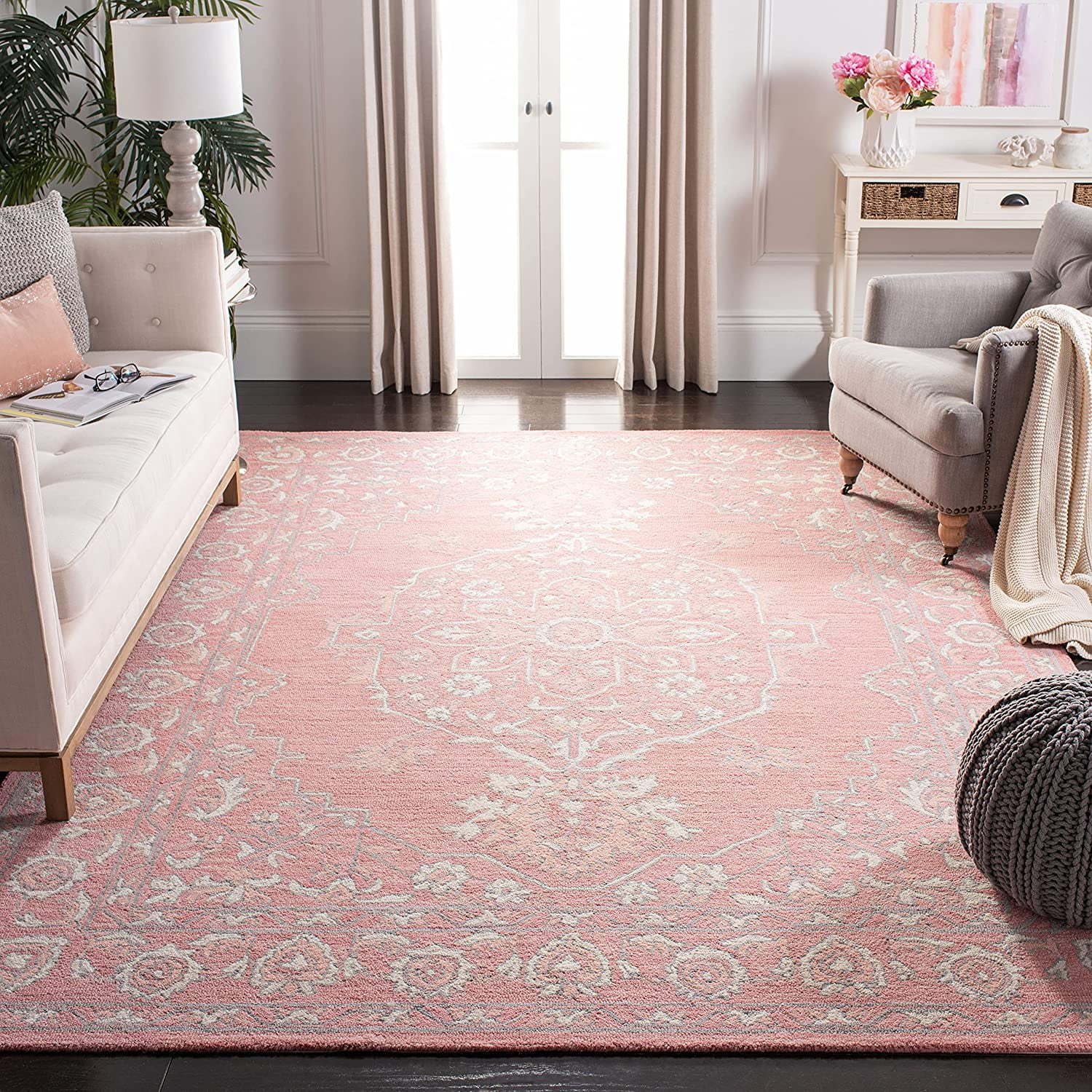 Micro-Loop Collection Area Rug - 9' x 12', Pink & Ivory, Handmade ...